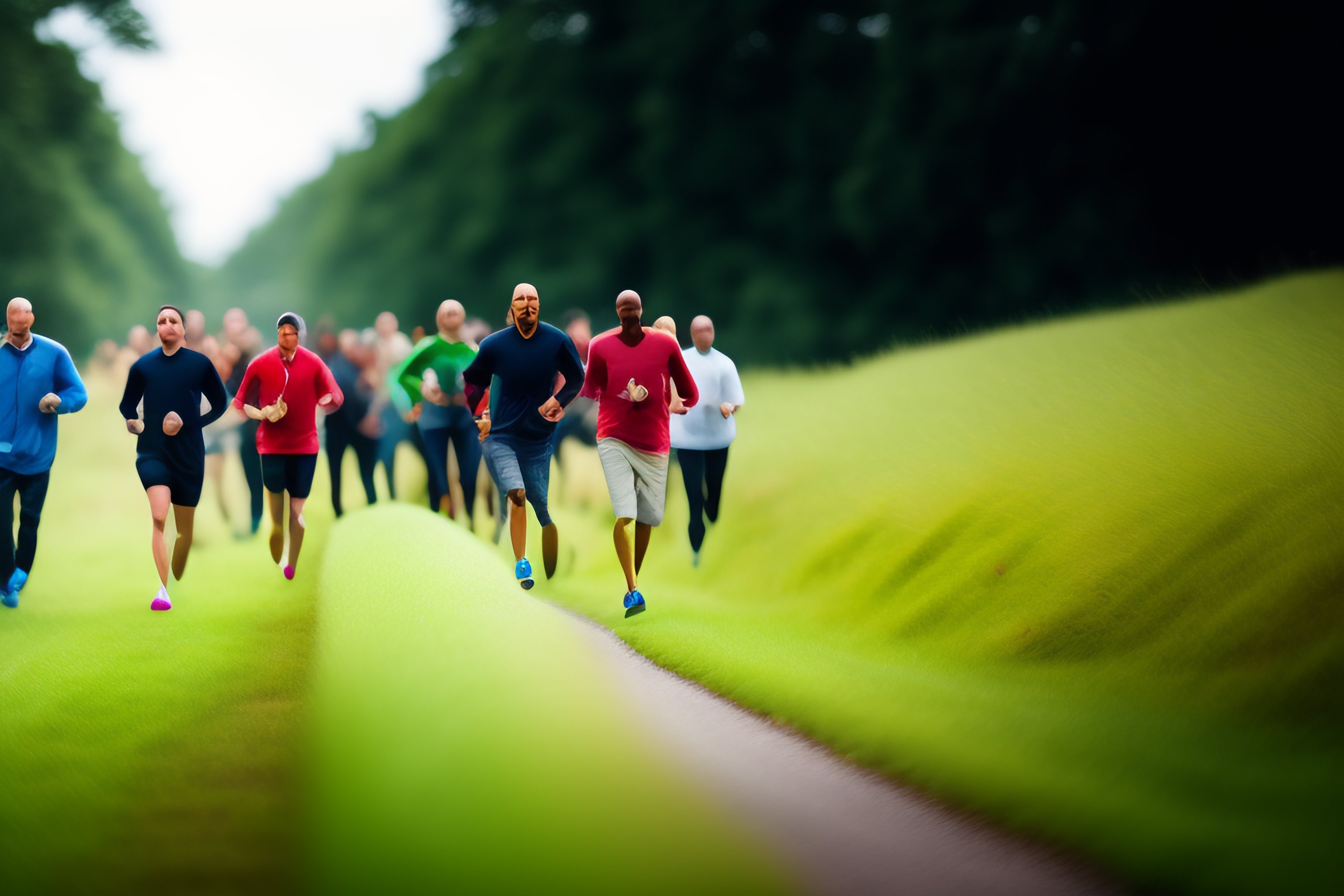 Lexica - Background full of people chasing, front view, green grass ...