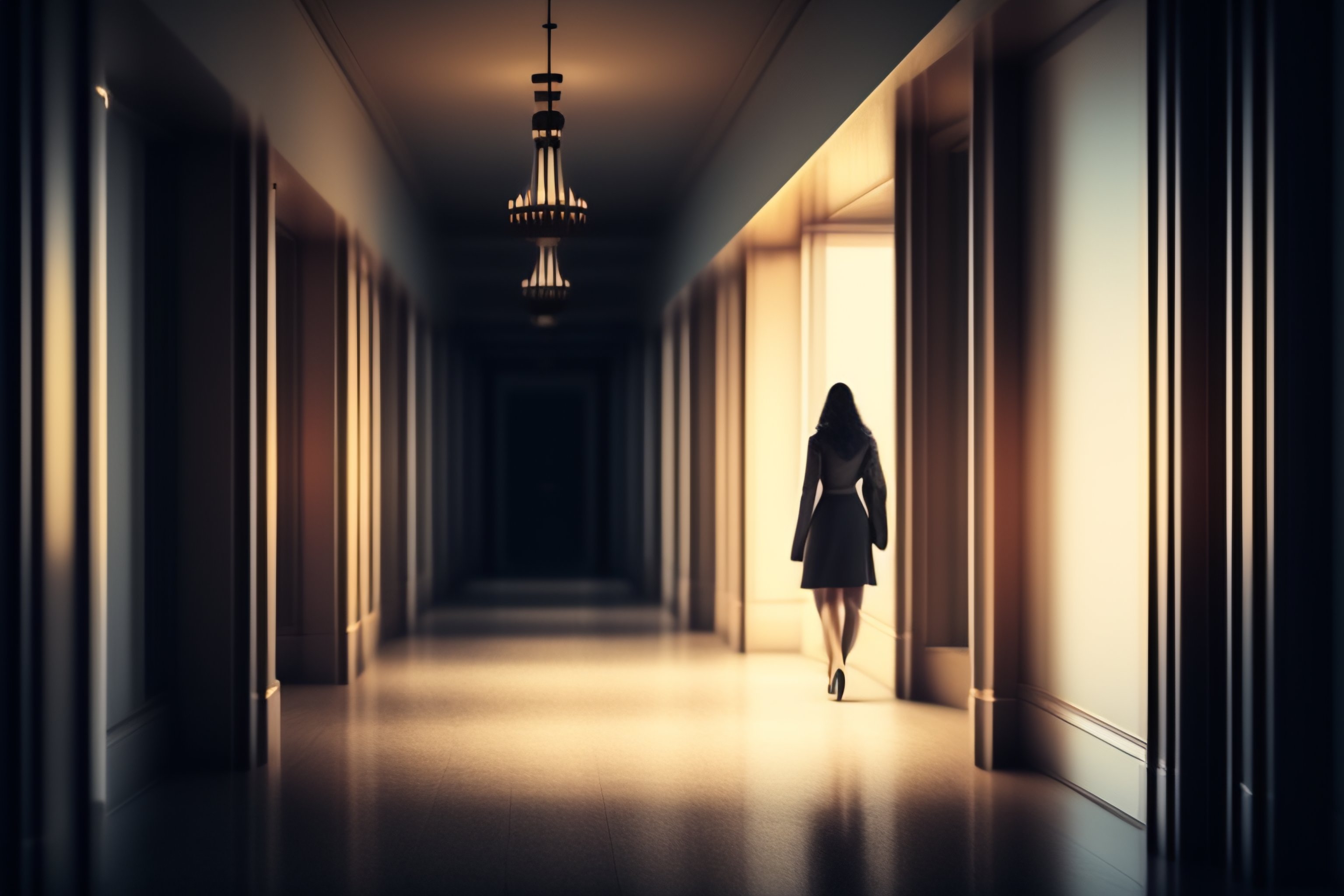 Lexica - Woman walking down stairs into a dark space. you see a ...