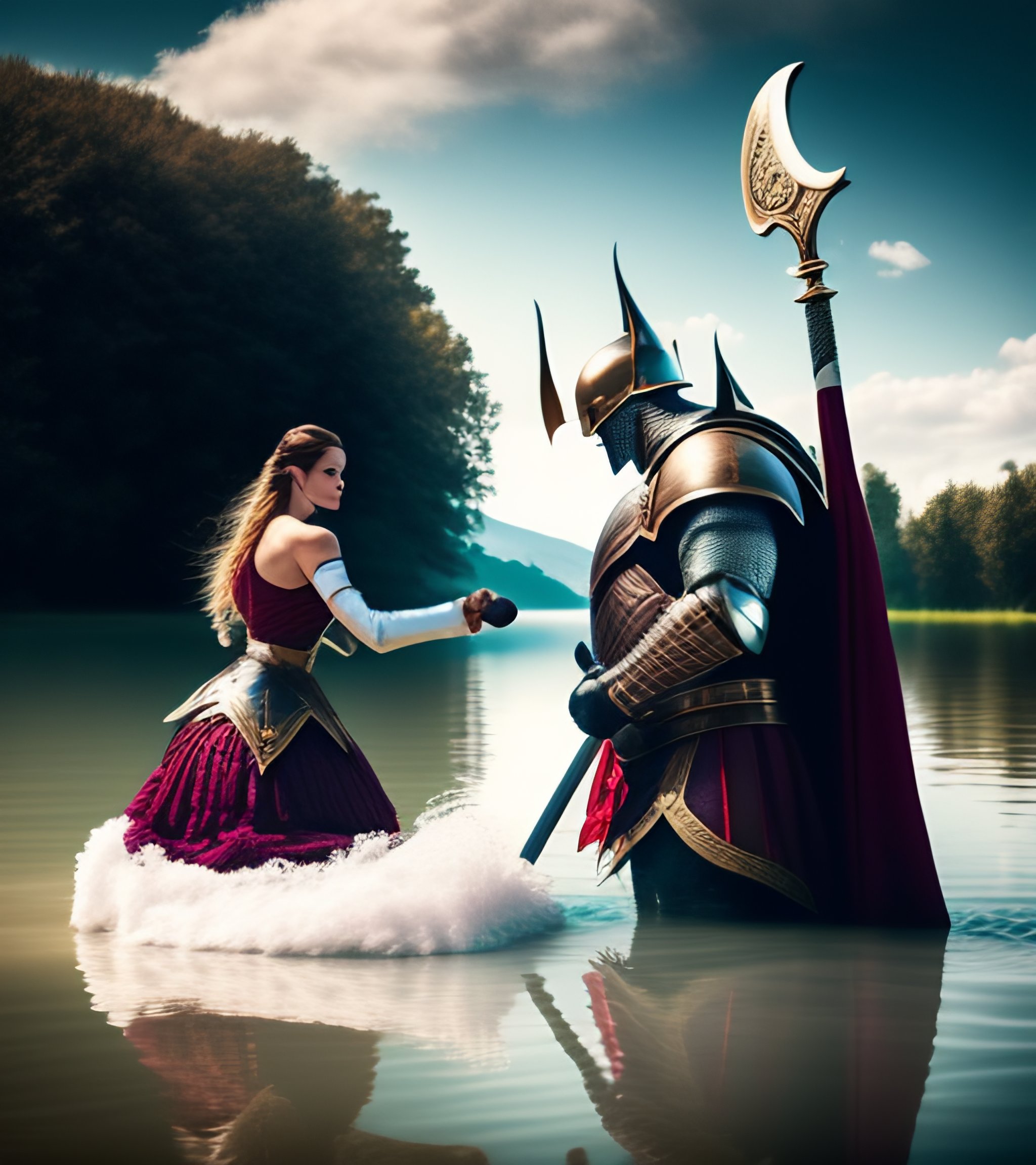 Lexica - Strong white knight fighting witch by the lake, imax quality ...