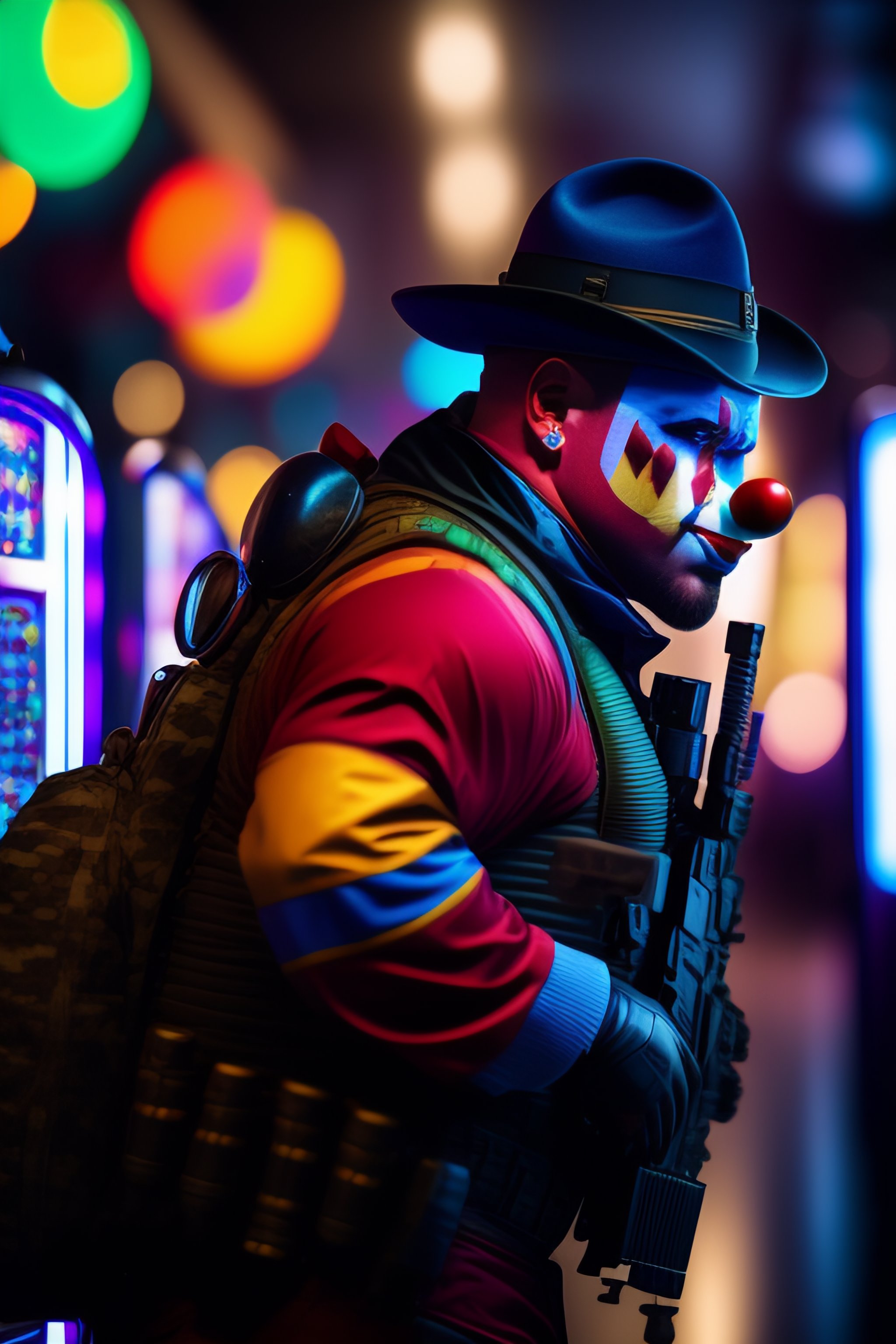 Lexica - Mercenary clown aiming weapon in a high tech casino raid