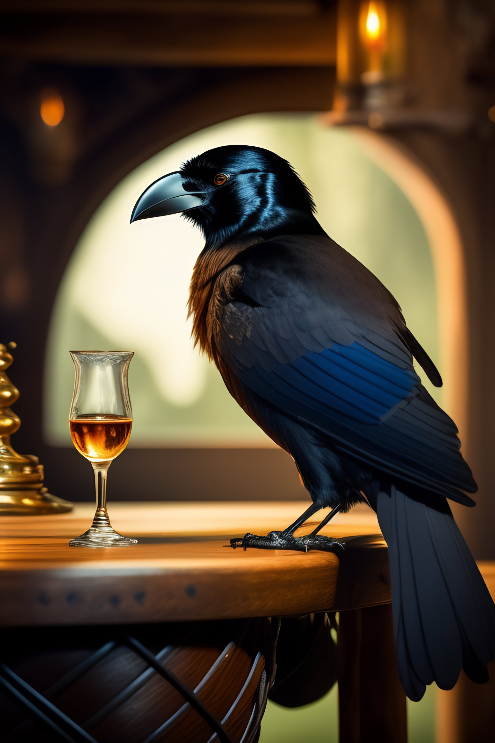 Lexica - A crow with a fencing sword, in pirate clothes in a tavern