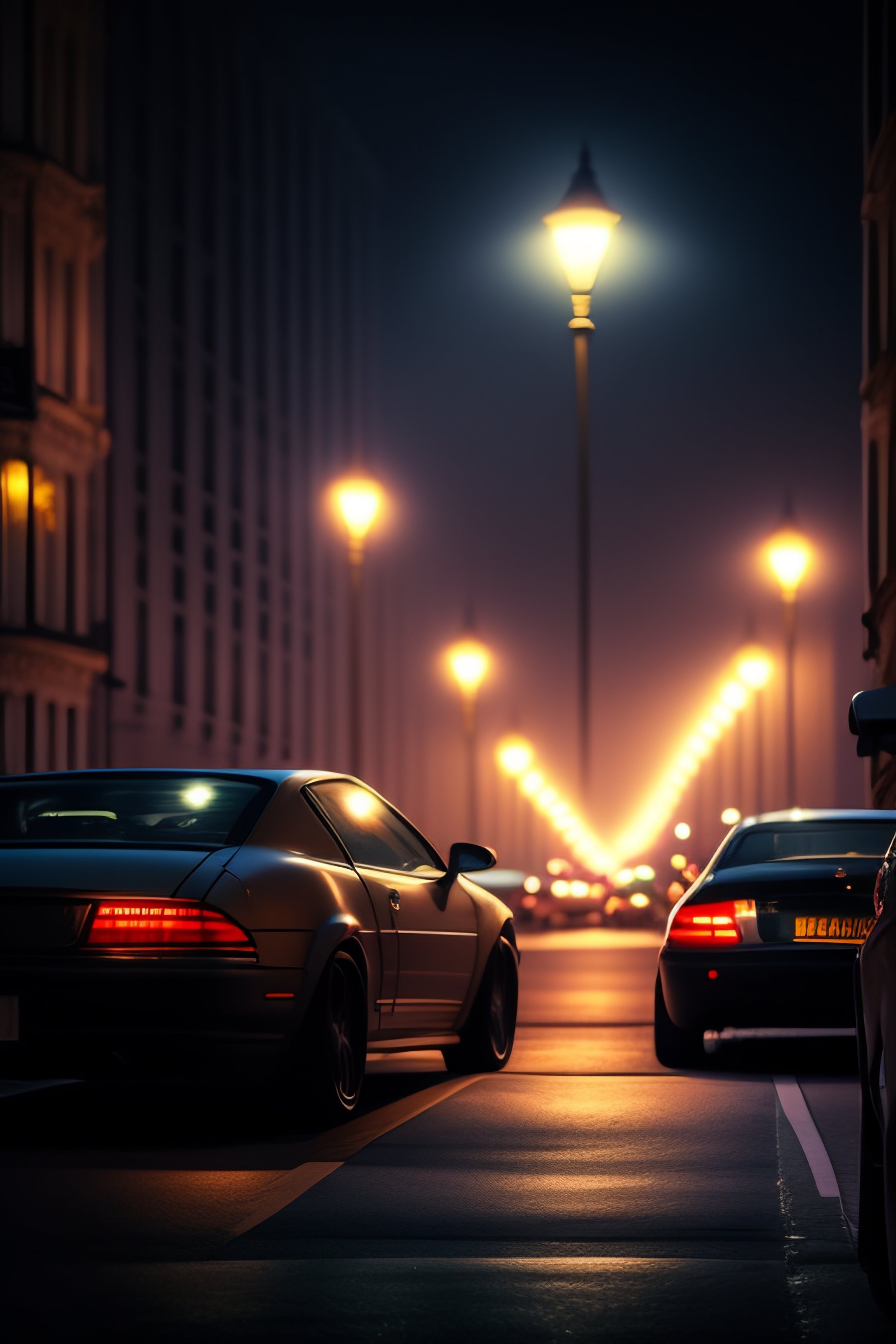 Lexica - Street scene at night partial fog with street lights and ...
