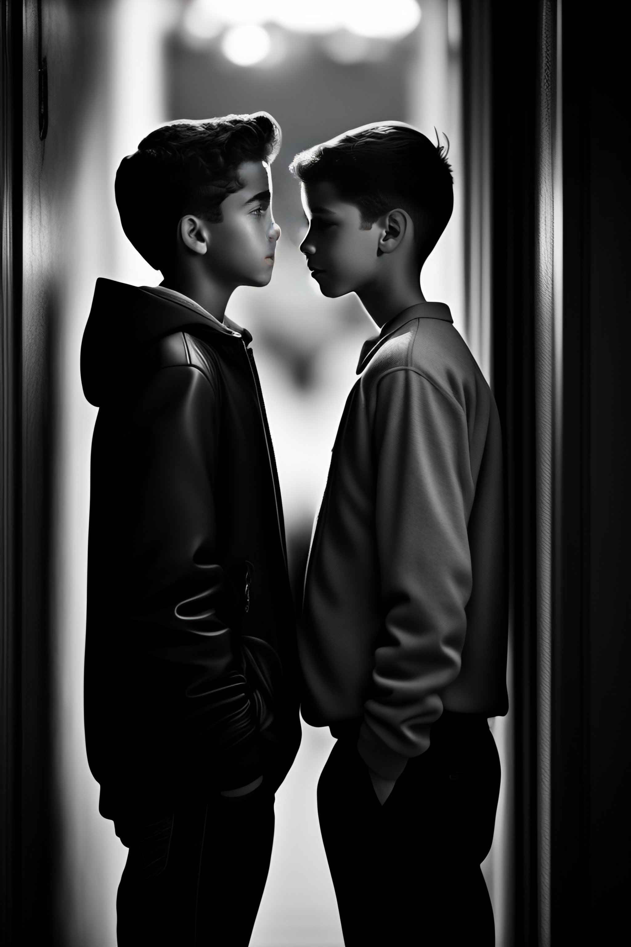 Lexica - Black and white photos, two twelve year old boys stand against ...