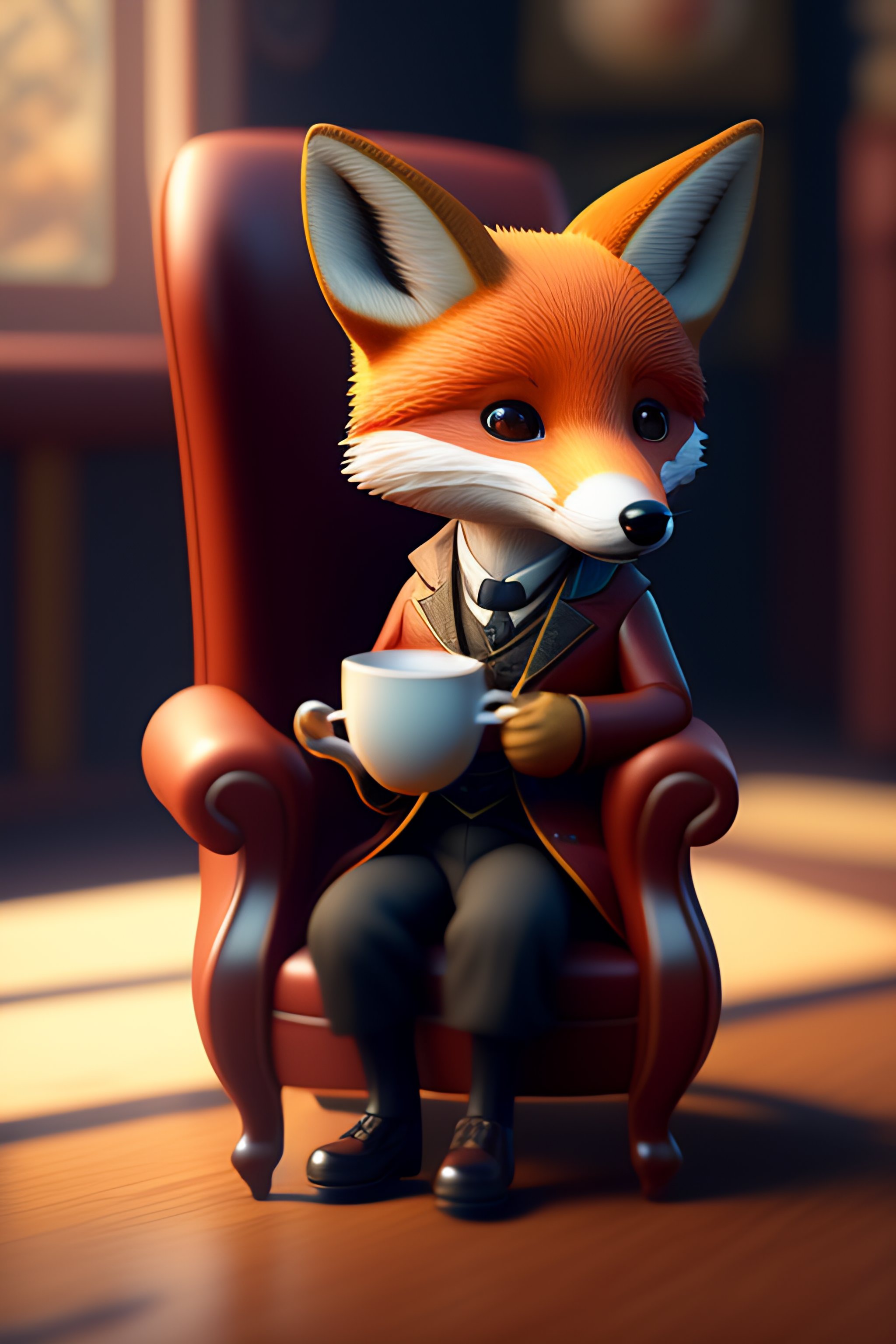 Lexica - Cute small humanoid fox sitting in a armchair drinking tea as ...