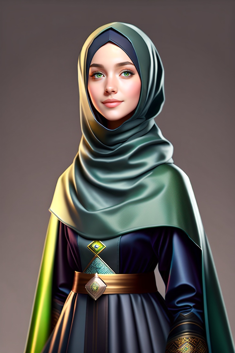 Lexica - Cute hijab girl wearing medieval mage clothing،Green eyes, gray dress, solid background