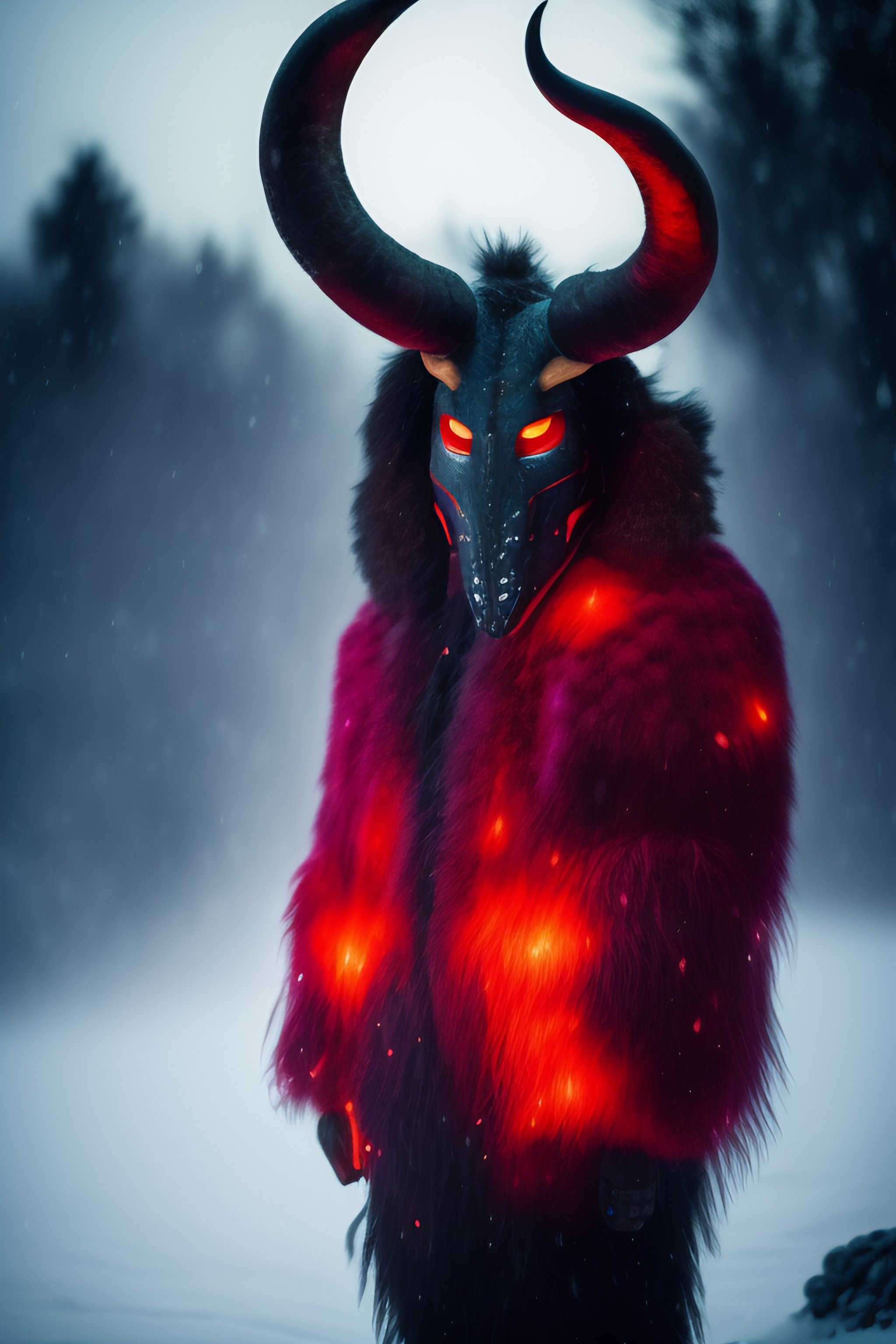 Lexica - Extreme wide angle long shot of a scary horned mysterious man ...