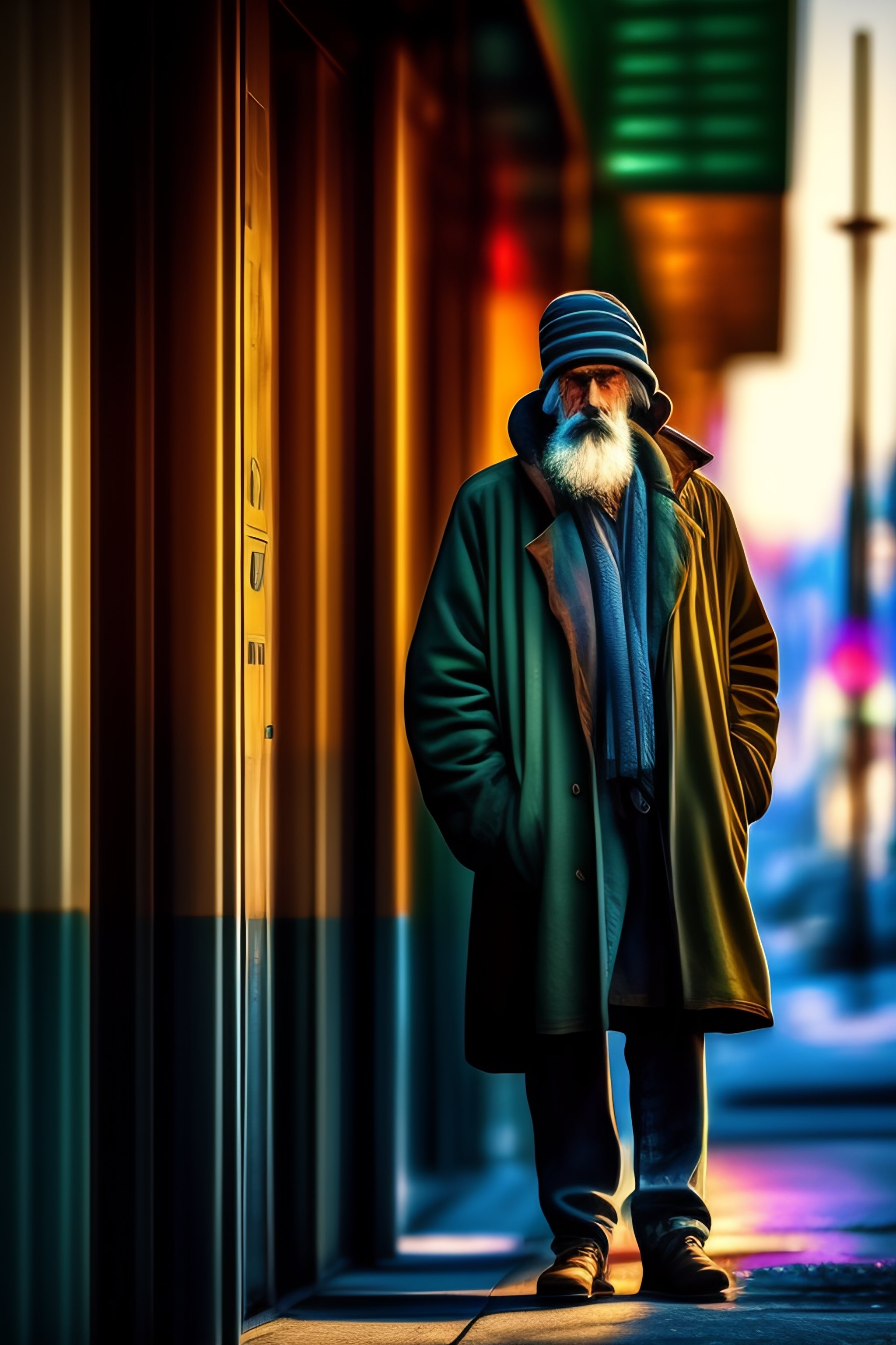 Lexica - Picture of a homeless man, deco style faded colors, bright ...