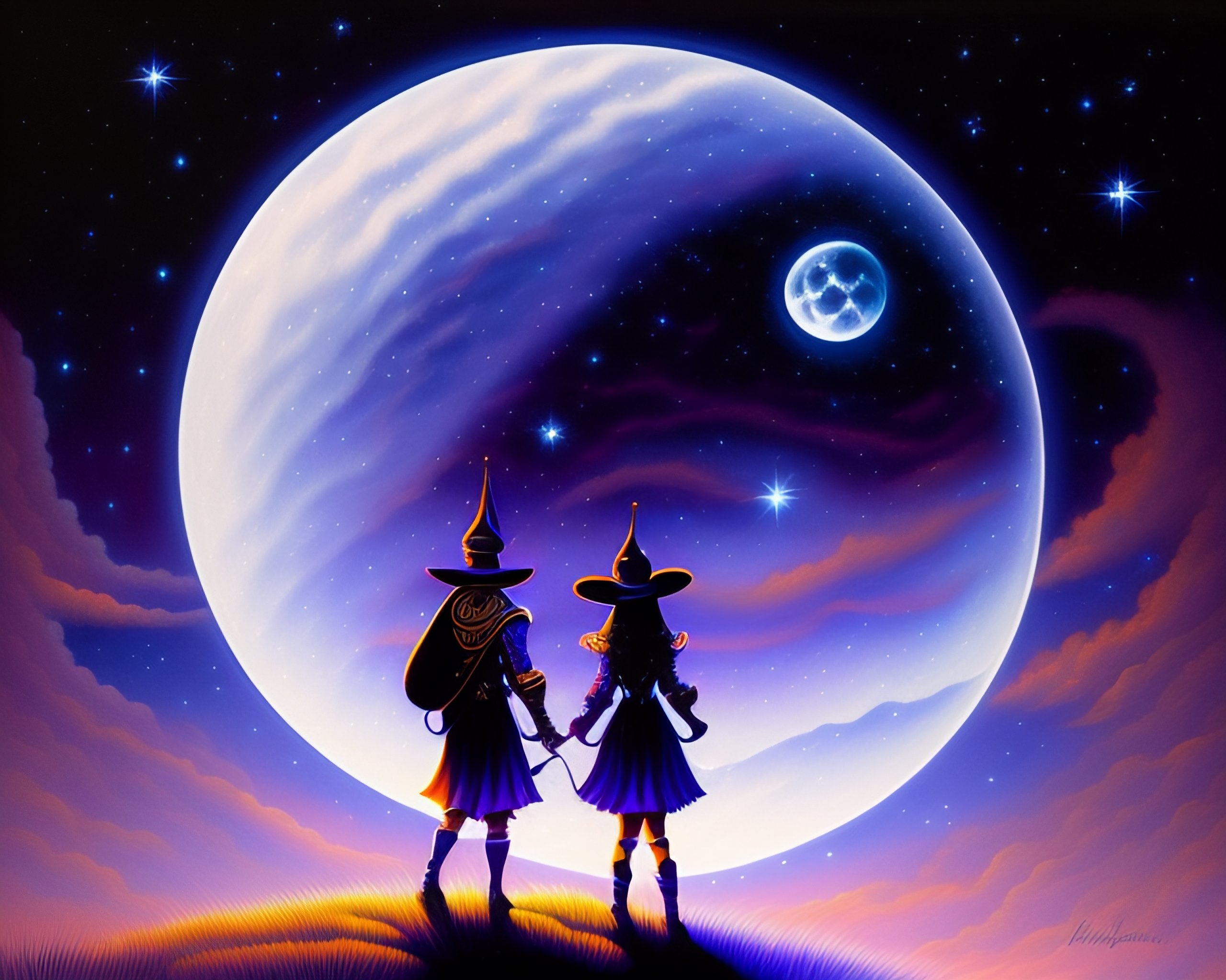 Lexica - Painting of two elves, one tall, one small, silhouetted ...
