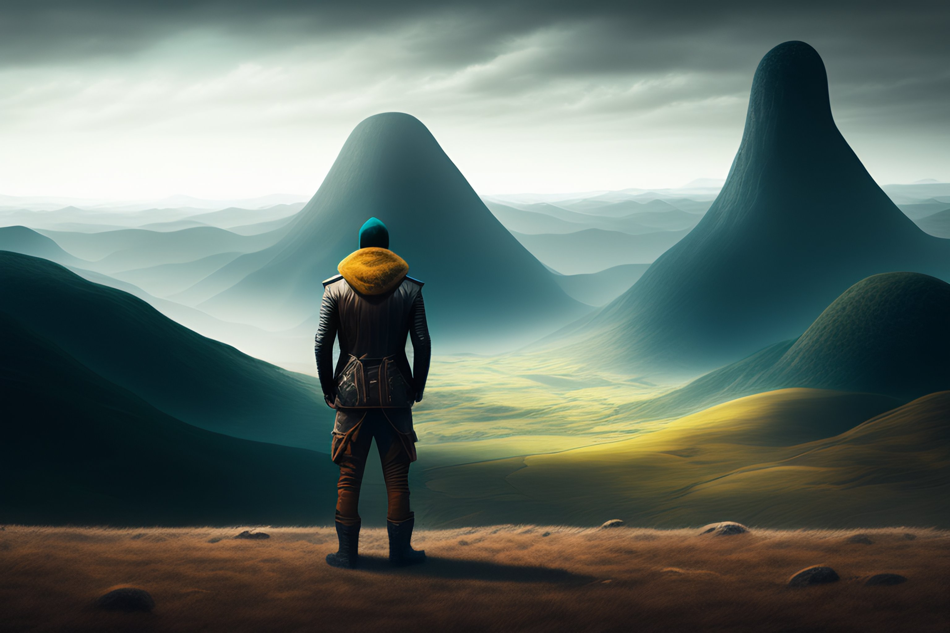 Lexica - Anthropomorphic figure looking towards landscape dystopian horizon