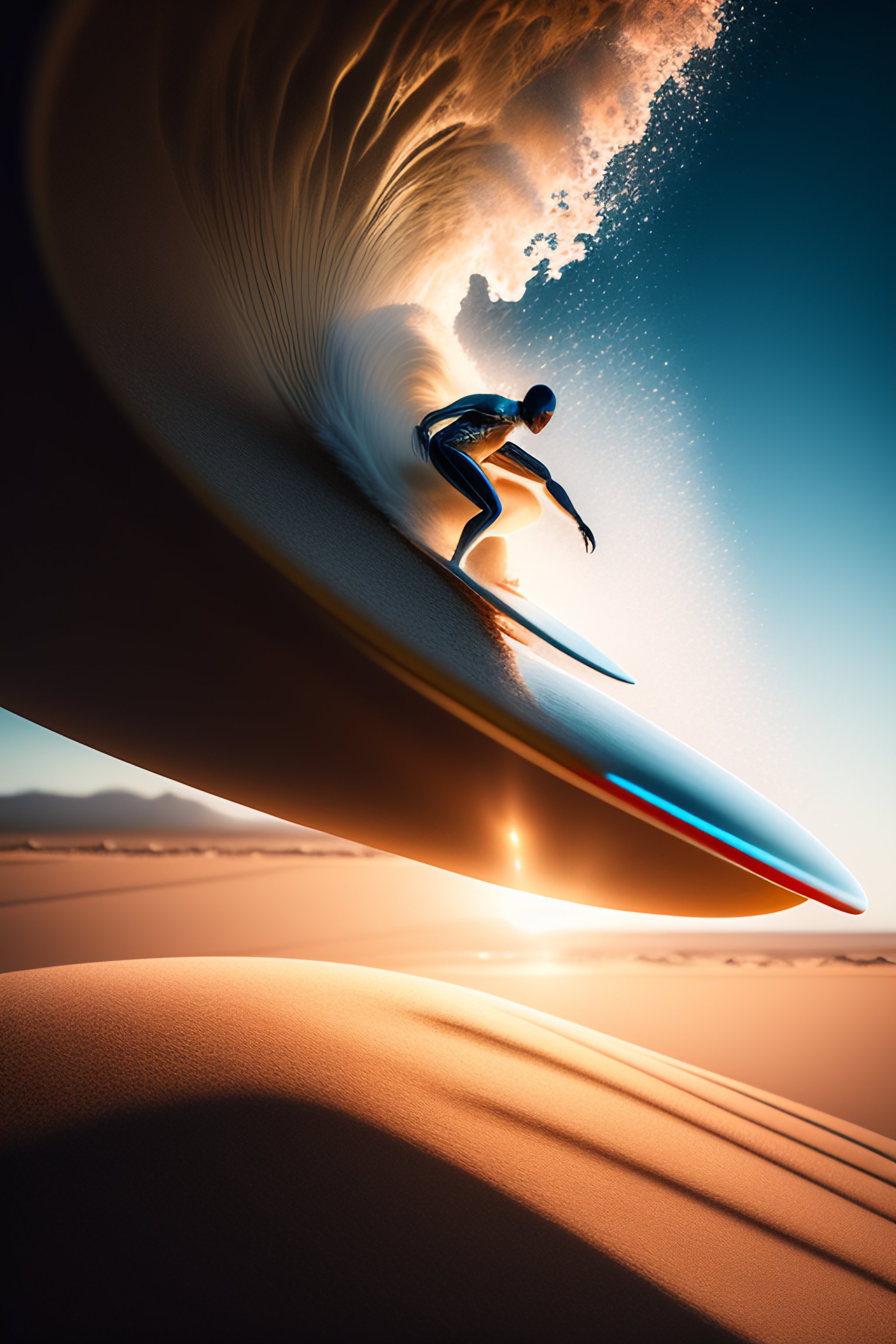 Lexica - Silver surfer, on top of his surf board, silver board, surf ...