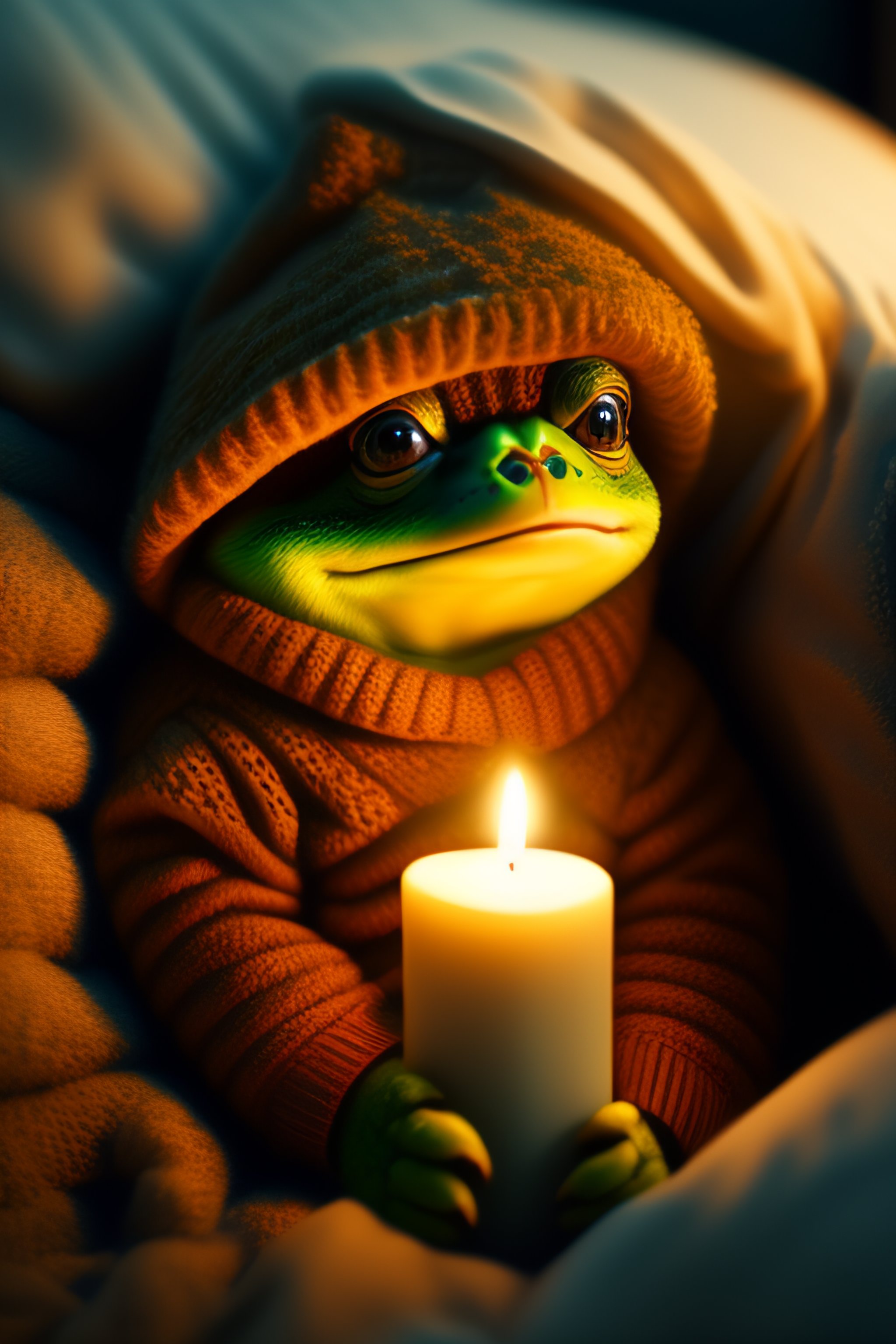 Lexica - An exhausted pepe the frog in his bed wearing a nightcap, cozy ...
