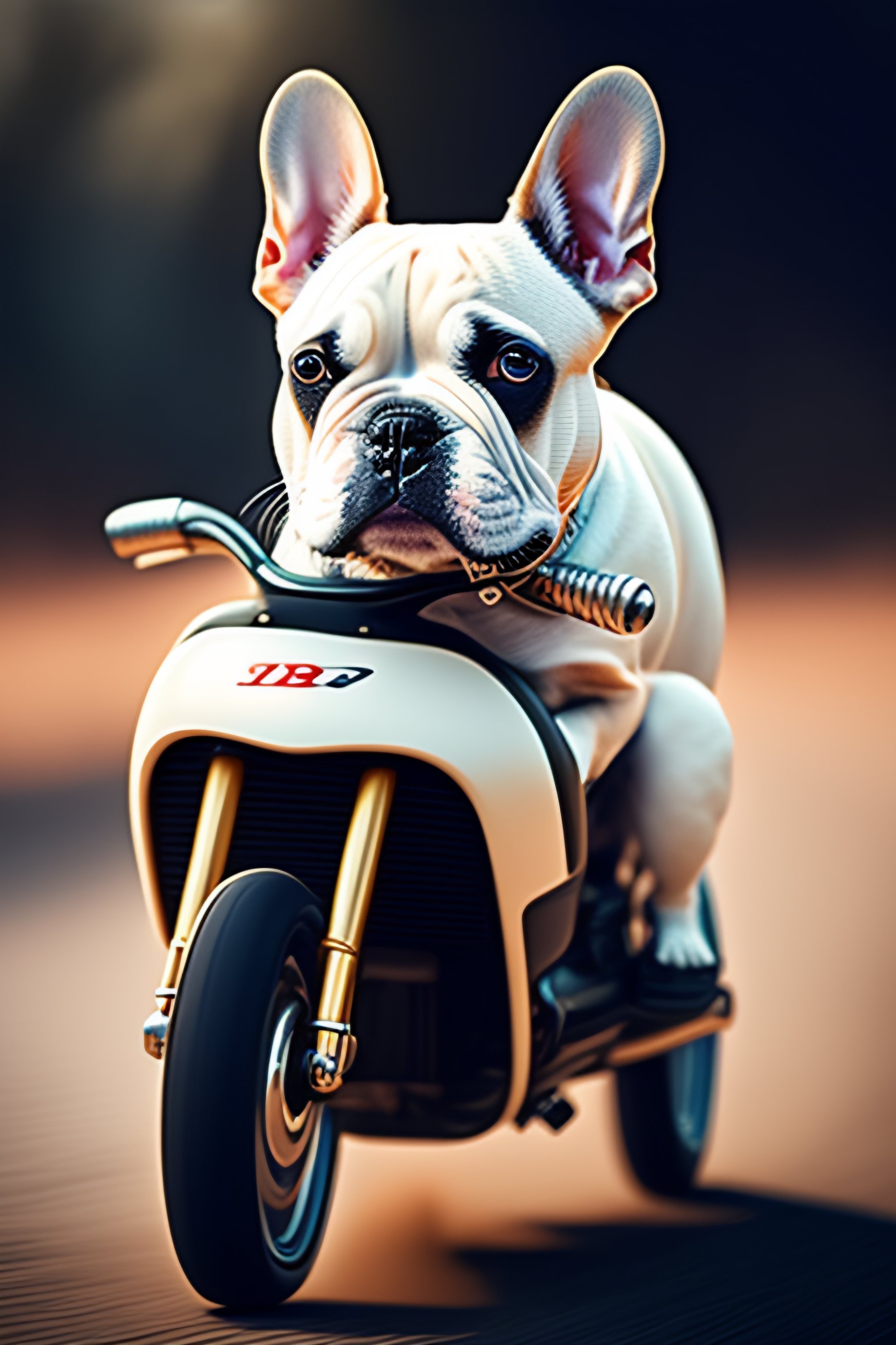 Lexica - A white french bulldog riding a motorbike