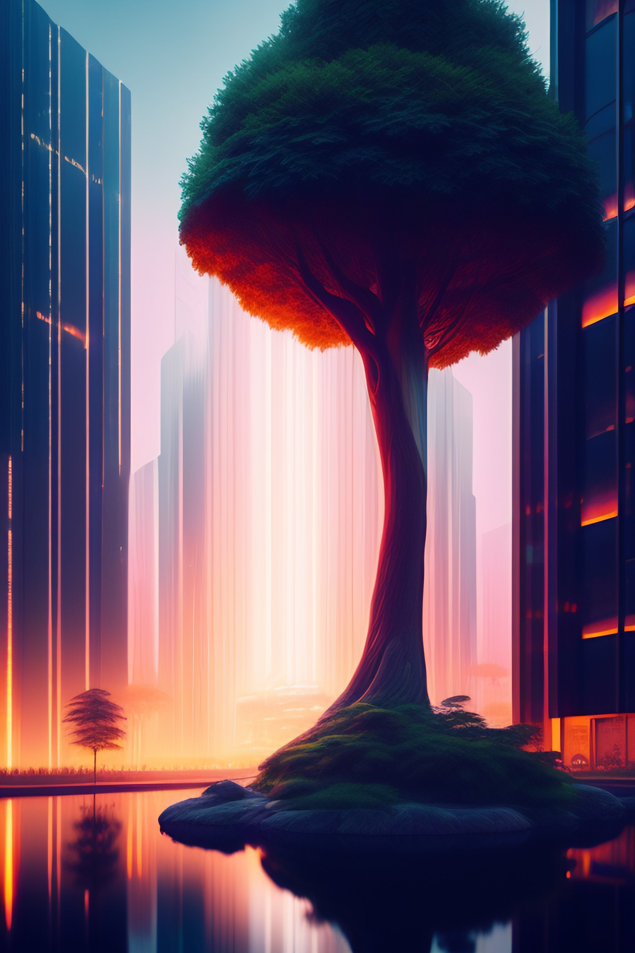 Lexica - Slow shutter speed photo of a cyberpunk city, tree, nature ...