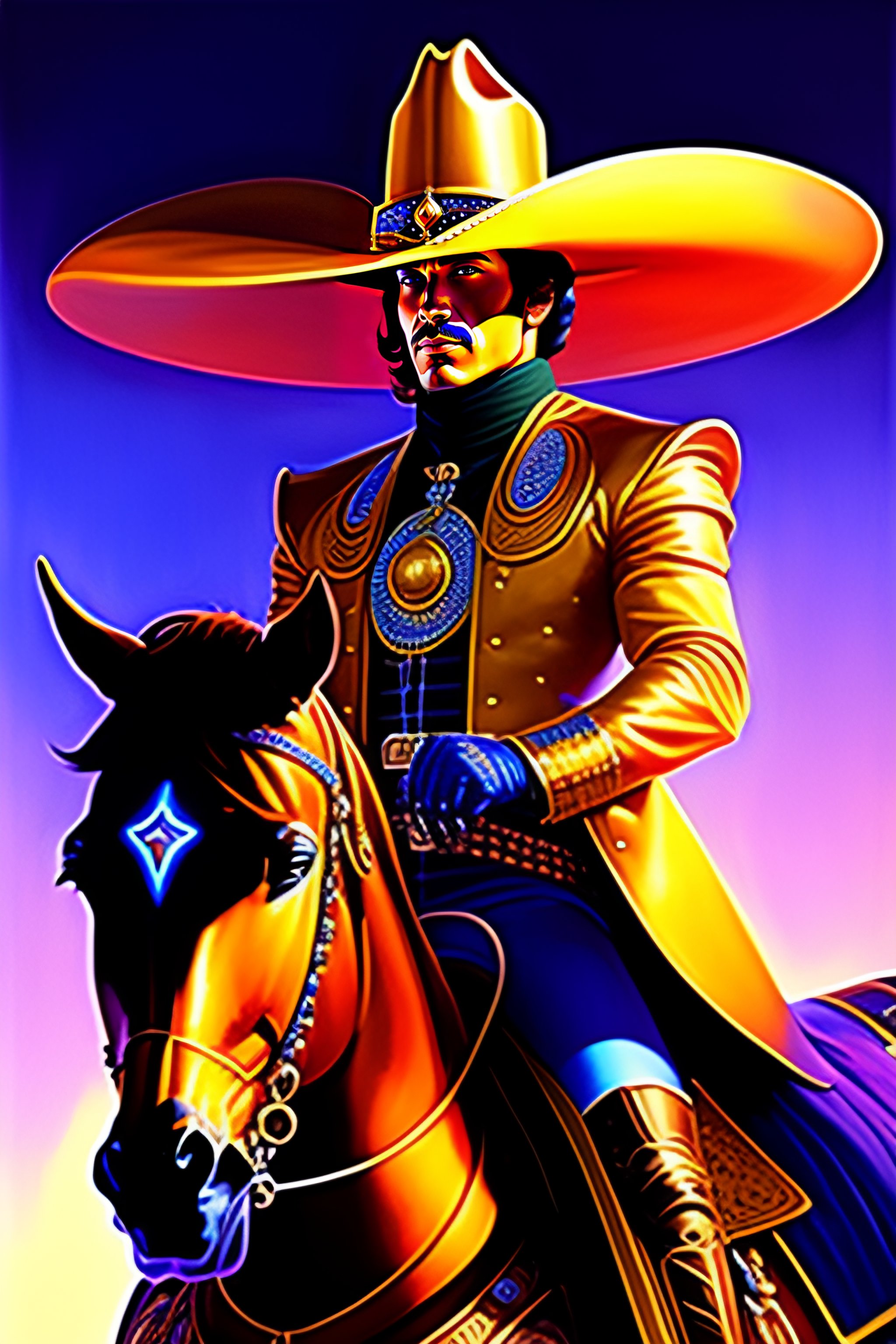 Lexica - Tron and gucci designed robot villain mexican cowboy sitting ...