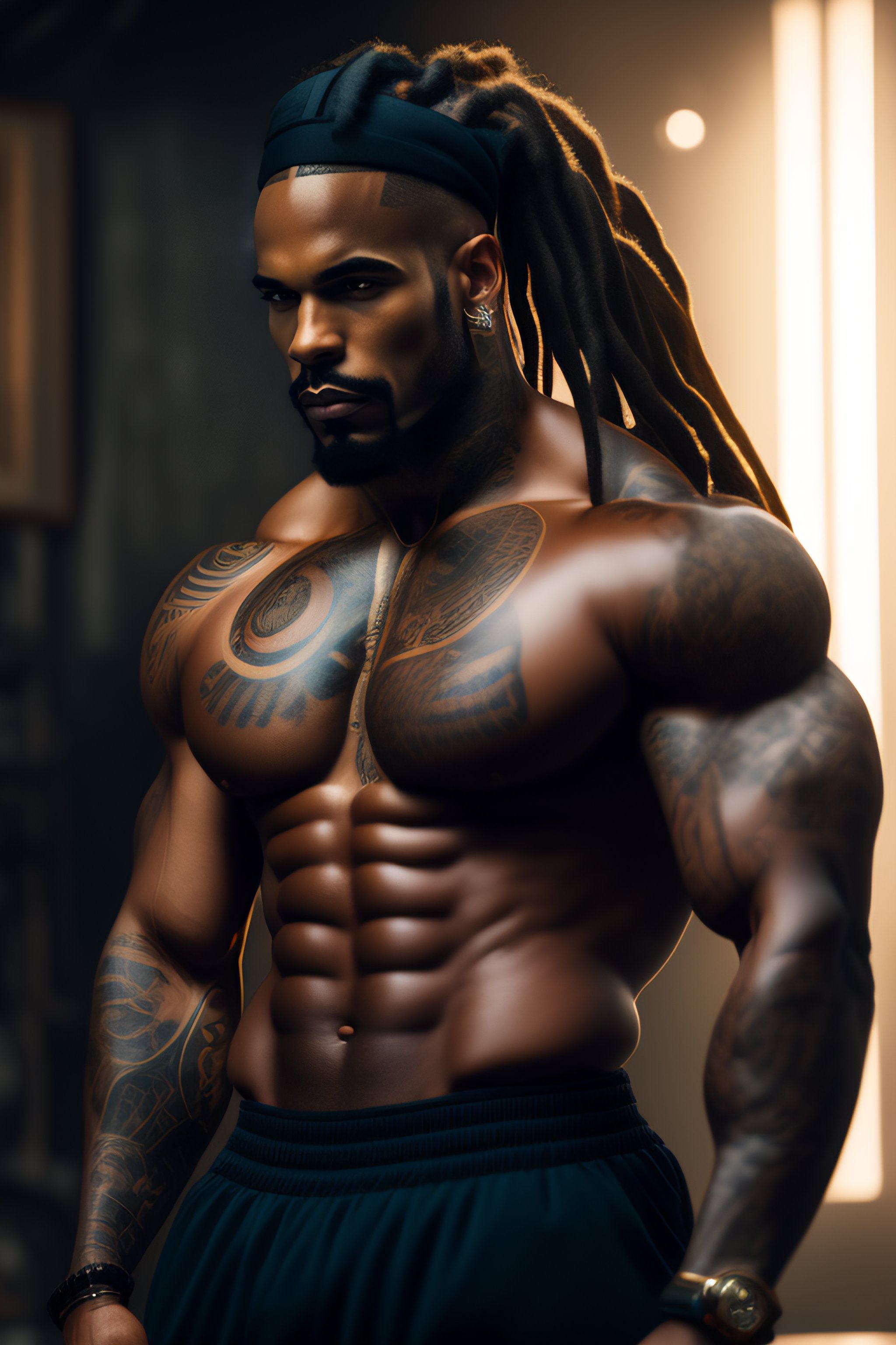 Lexica - Cuban, boxer-brief model, dreads, tattoos, 8k portrait, highly ...