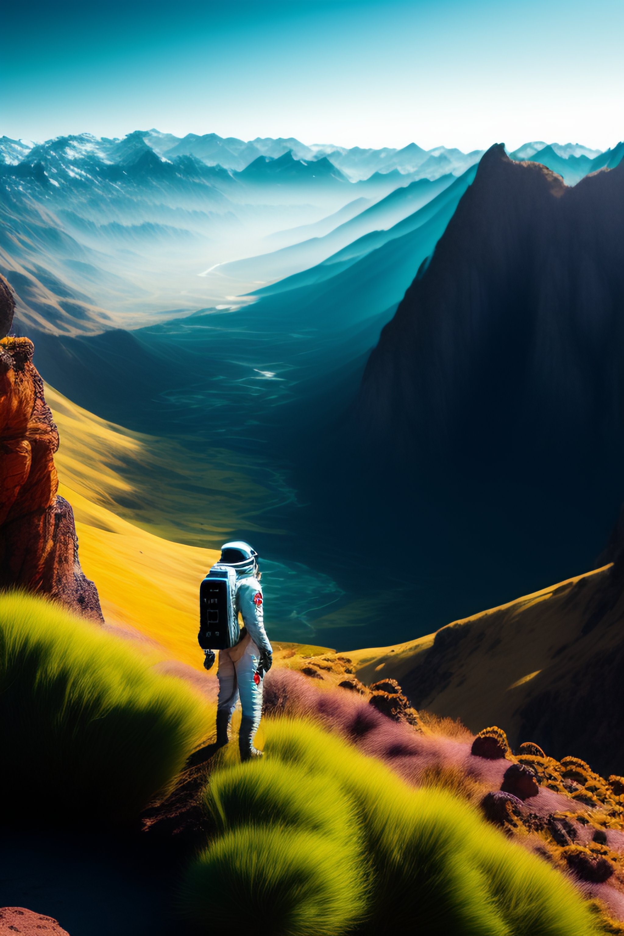 Lexica - An astronaut standing on a mountain overlooking a very fast ...