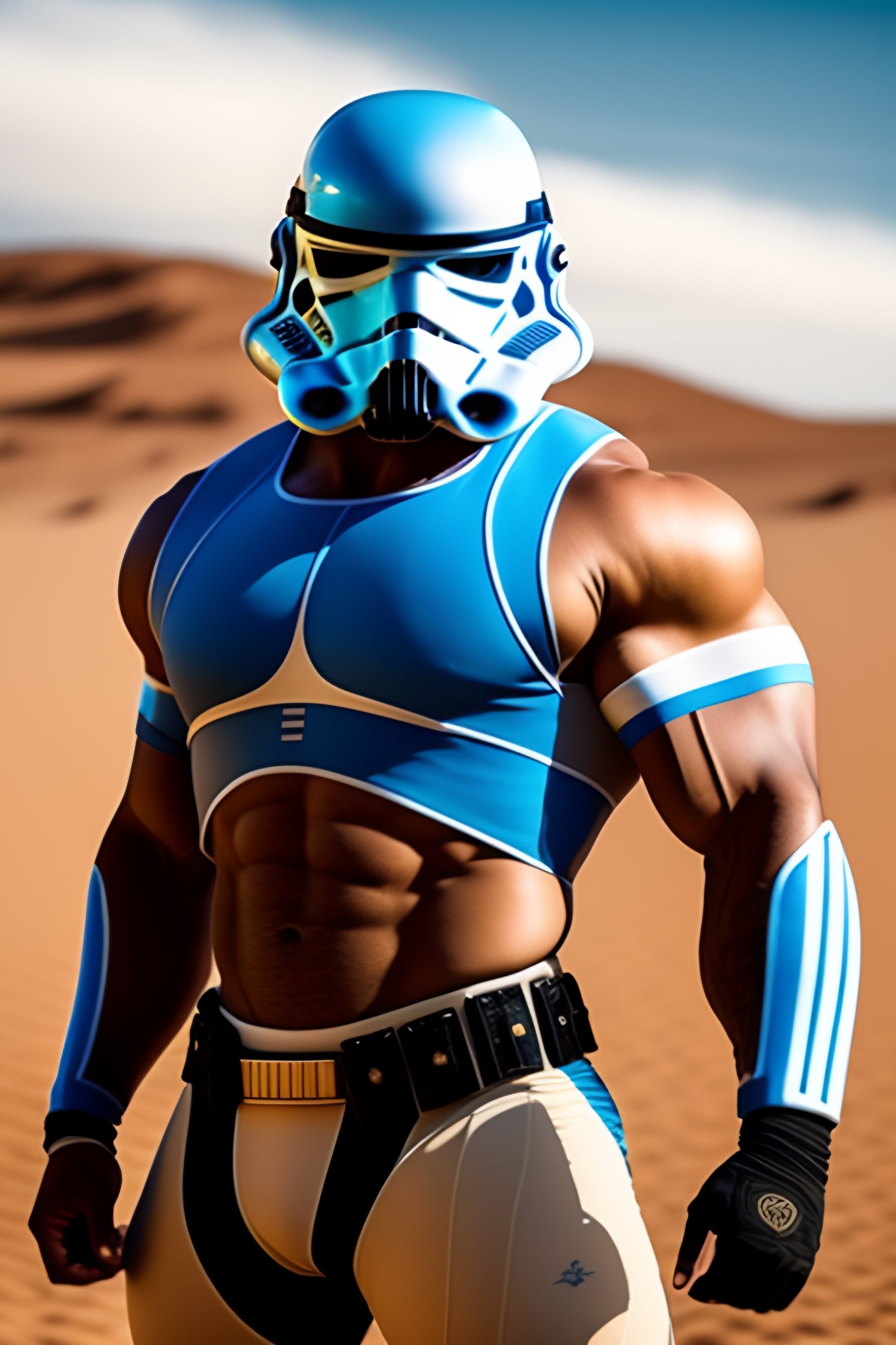 Lexica - A buff man with light skin blue fiery hair wearing stormtrooper body armour