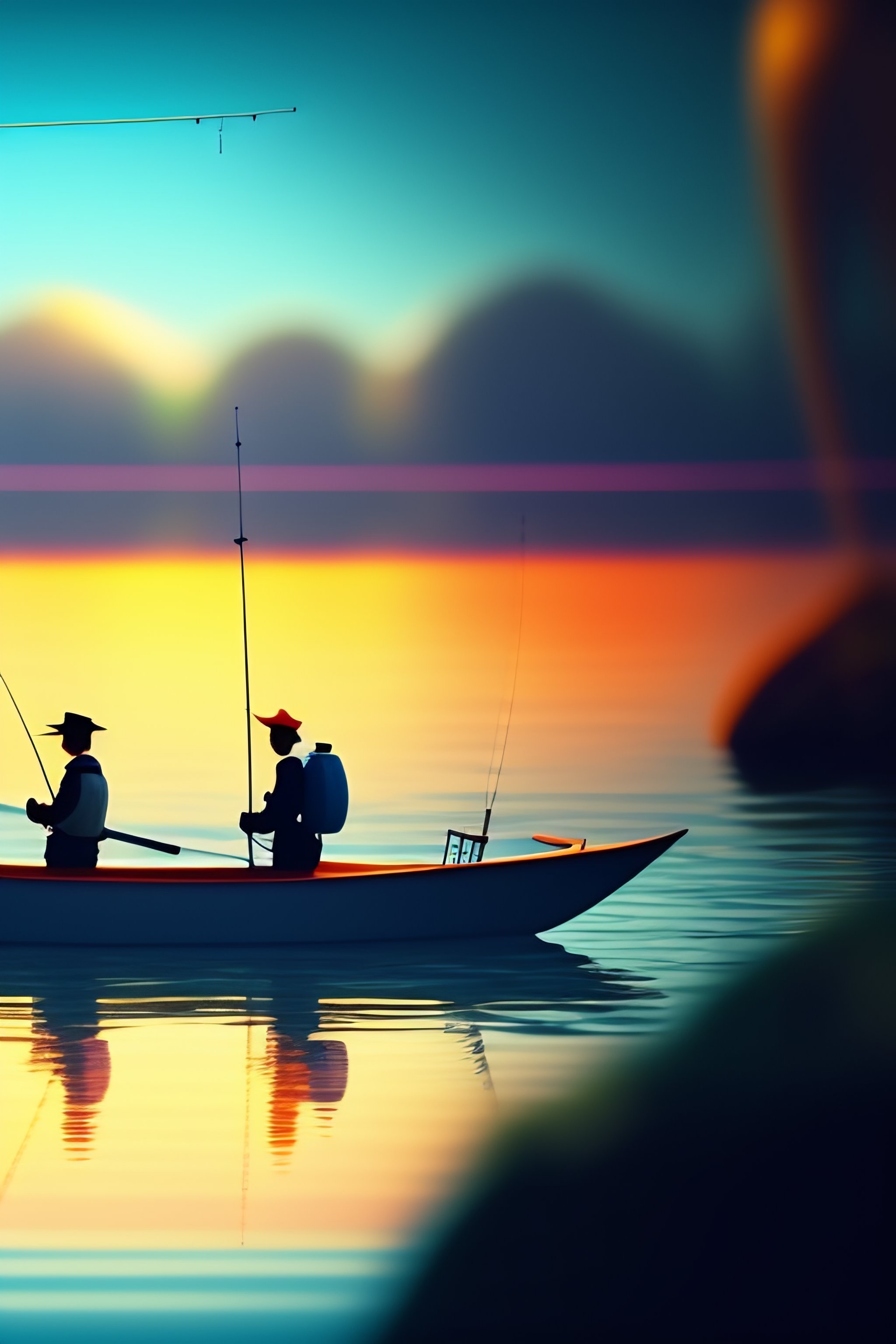 Lexica - Anime scene of 3 friends with fishing rods in a boat fishing ...