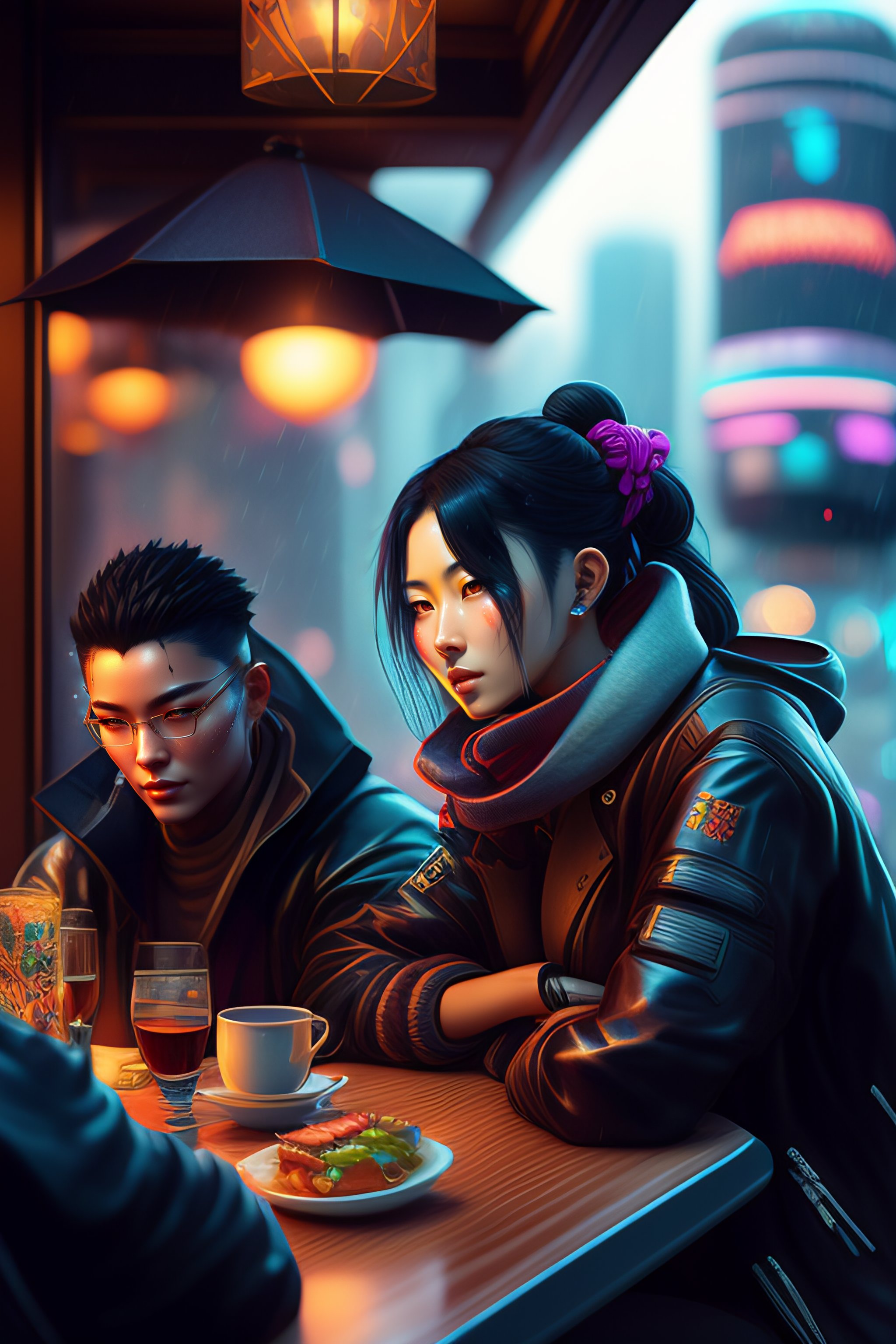 Lexica - A group of cyberpunk cyborg eating sushi on a table outside in ...