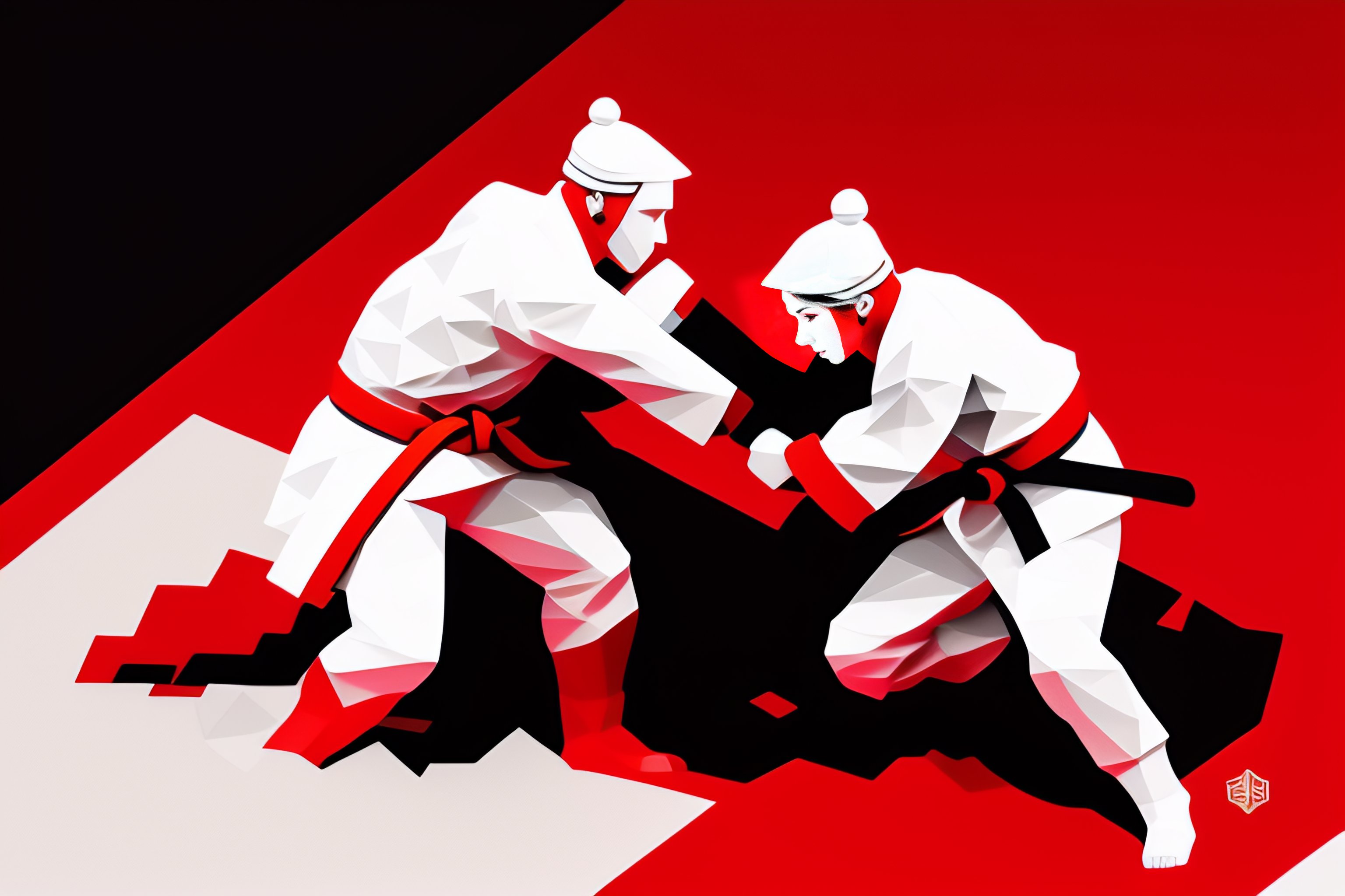 Lexica - Two judoka competing, low poly, style of black and white ...