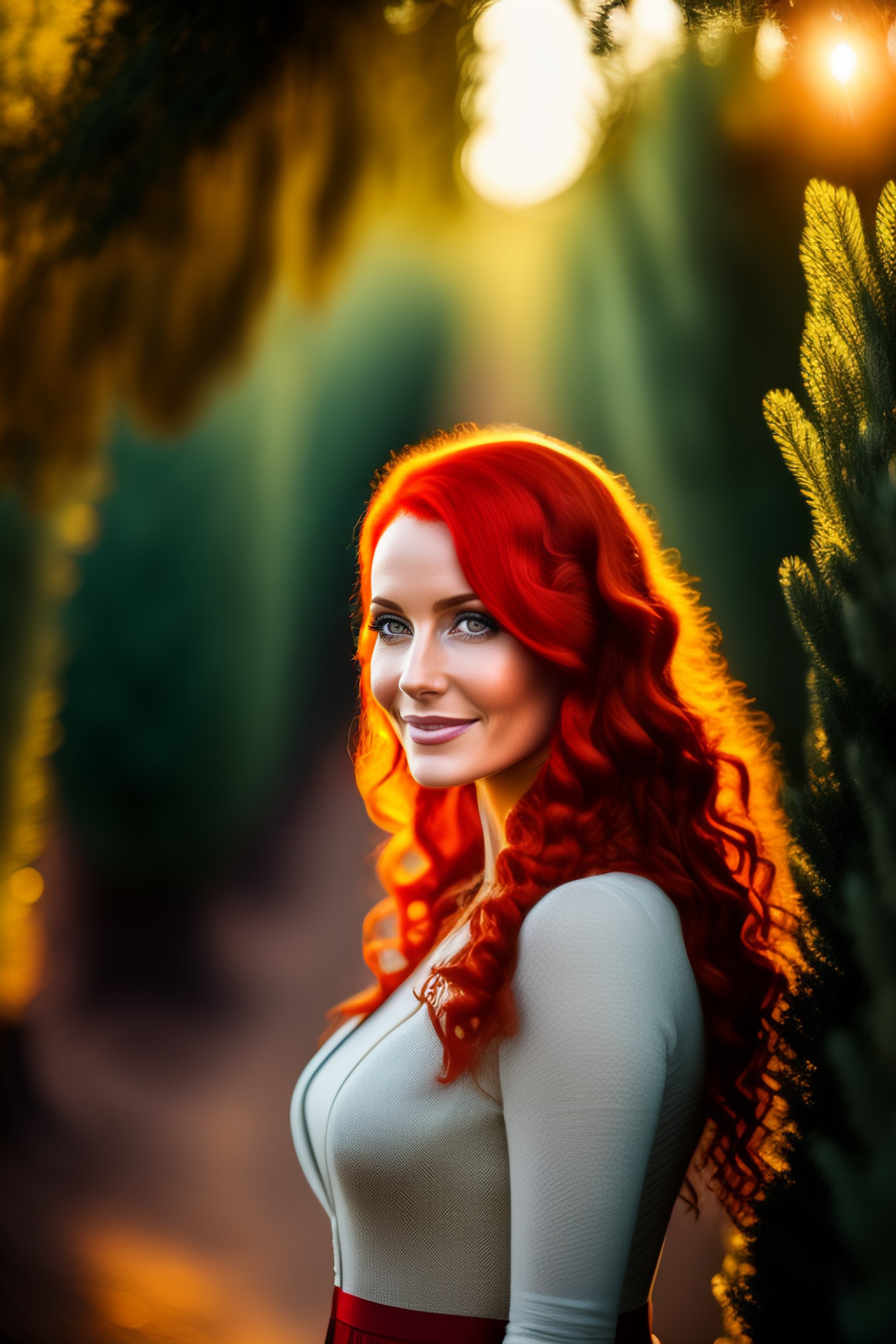 Lexica - Beautiful red-haired woman in flowing dress in front of olive ...