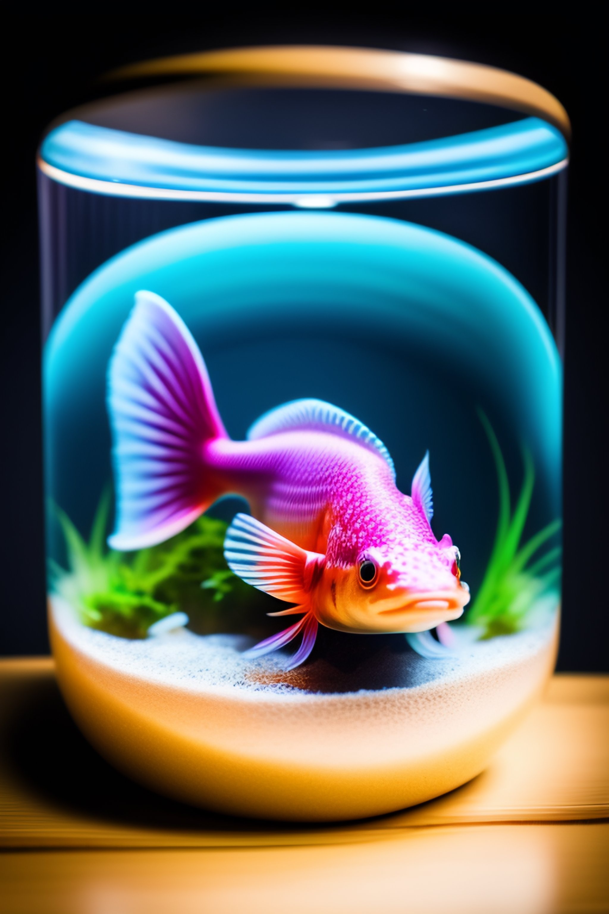 Lexica - A cute little axolotl in a small circular fish tank.