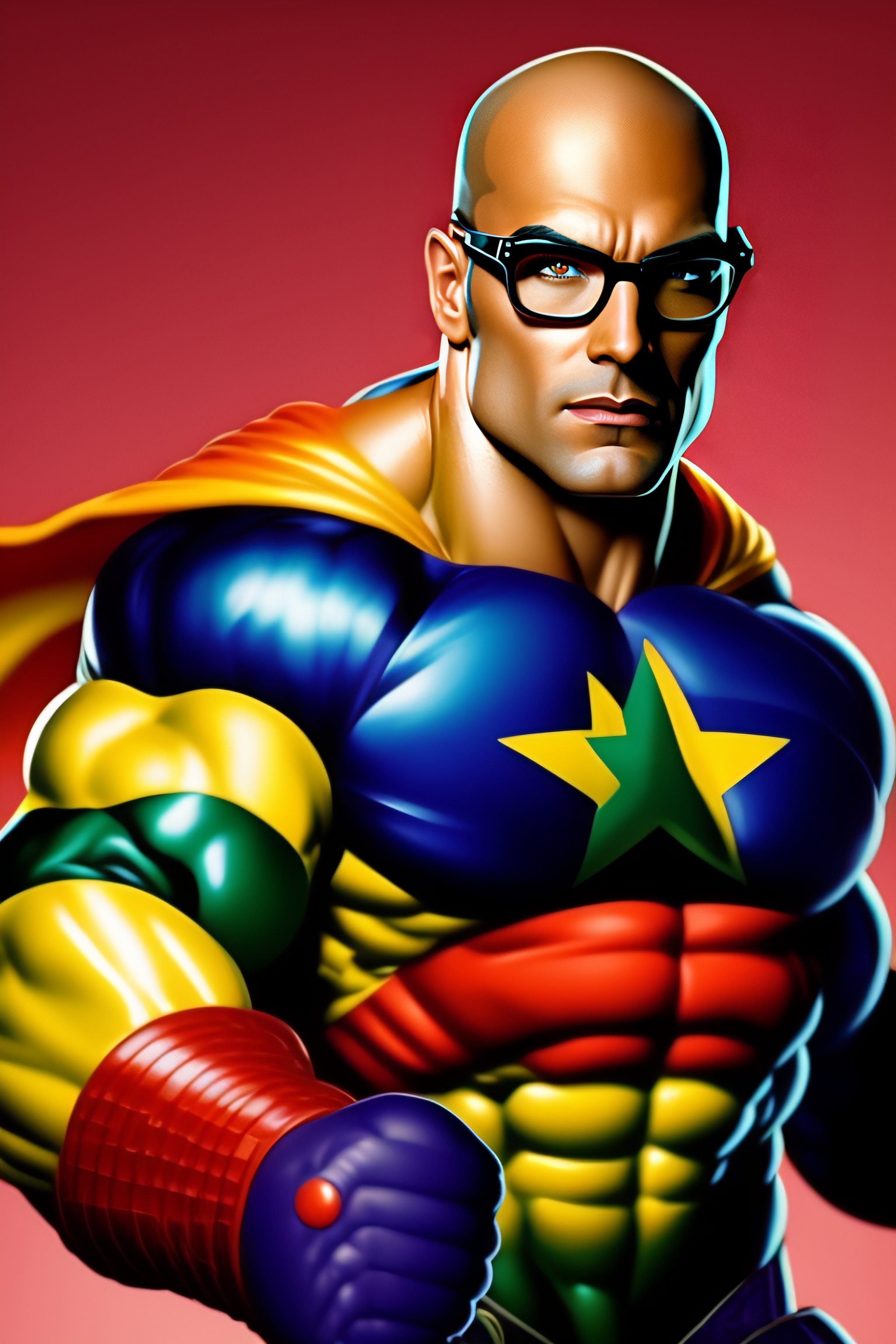 Lexica - Picture of bald muscular superhero with glasses with retro ...