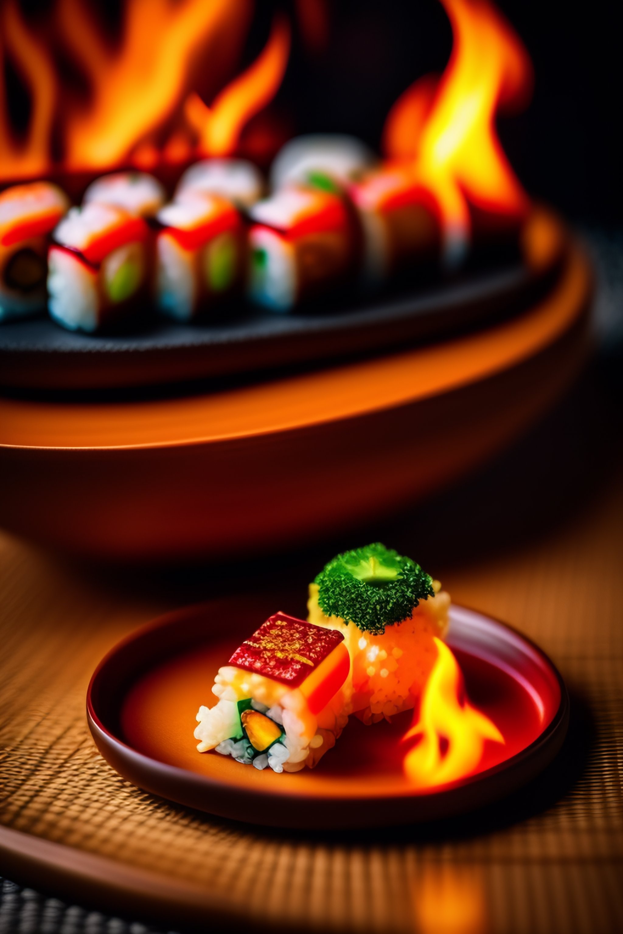 Lexica - Sushi on fire, elegant colors, mayan style,