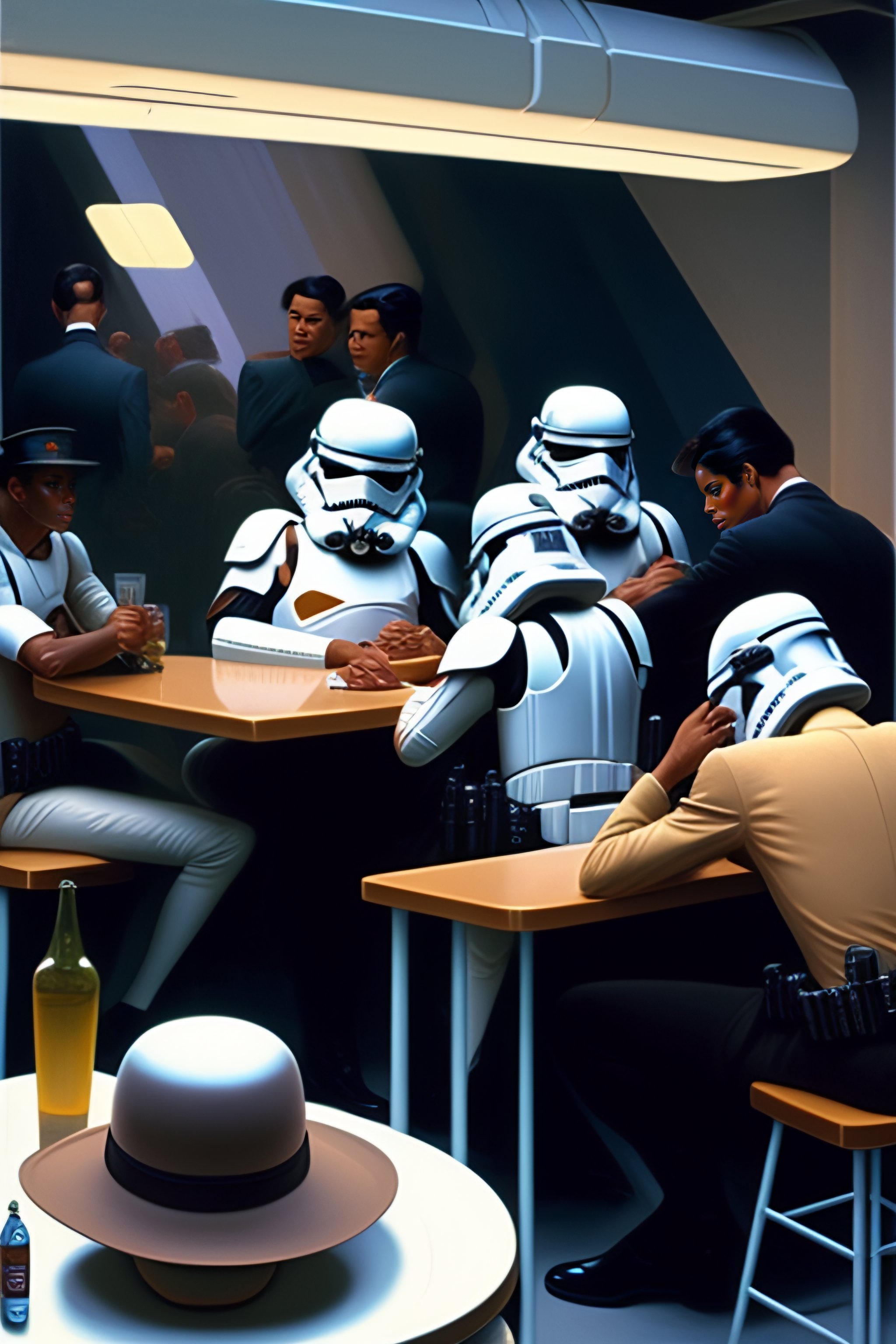 Lexica - "crowded stormtrooper break room" by syd mead, cold color palette, muted colors ...