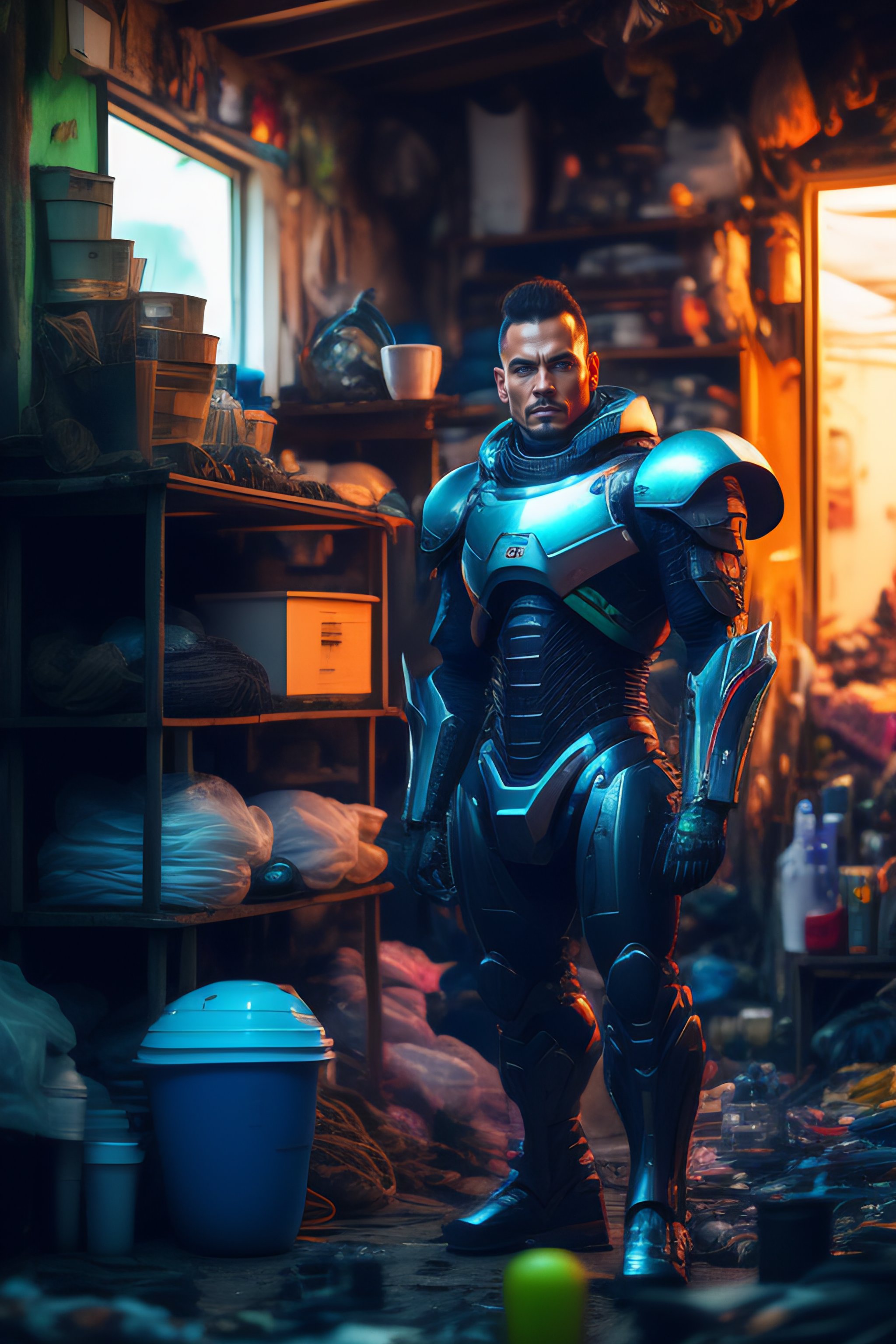 Lexica - Wide angle Environmental shot of evil Cyborg in a cluttered ...