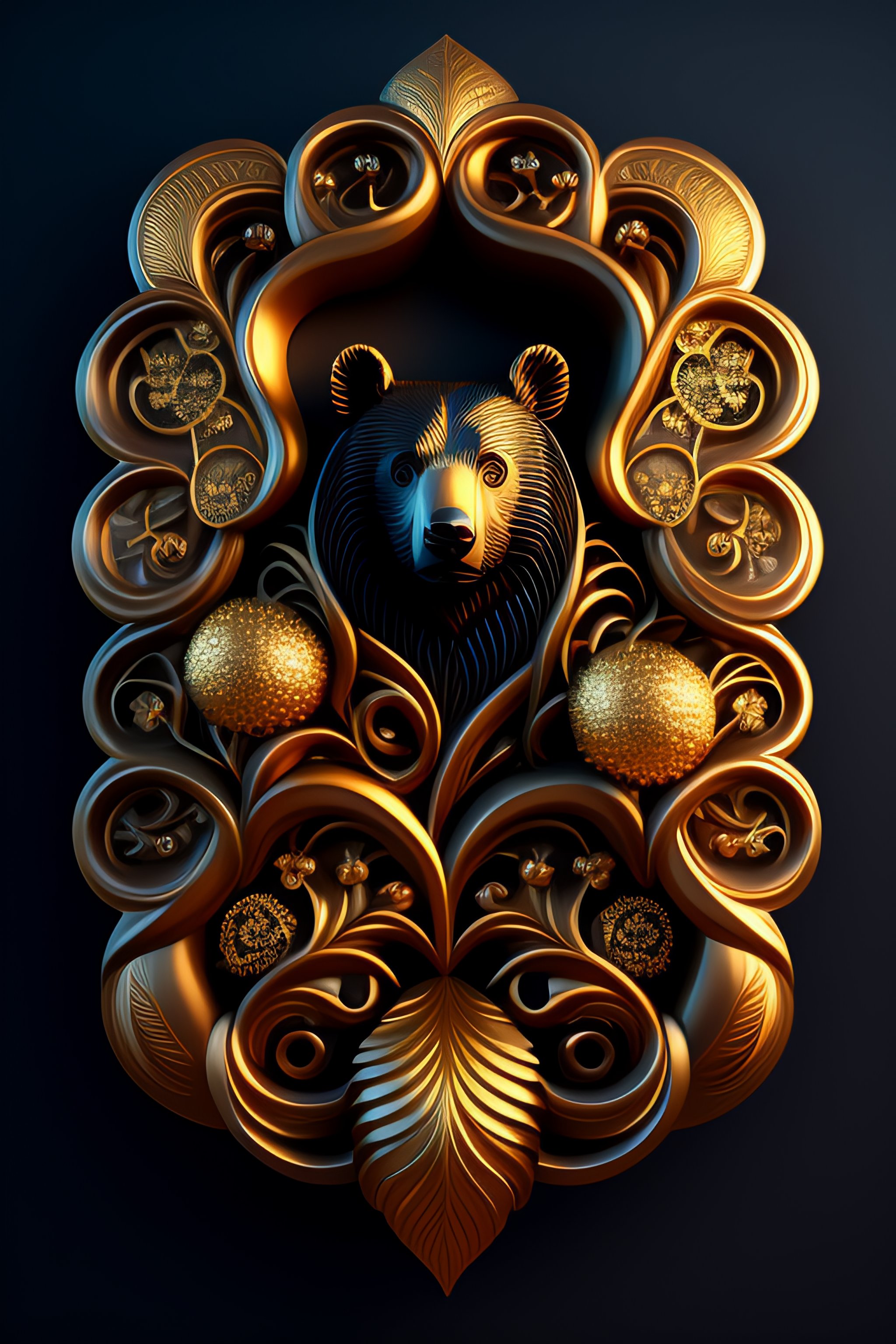 Lexica - An intricate, ornate, symmetrical wood carving, with golden ...