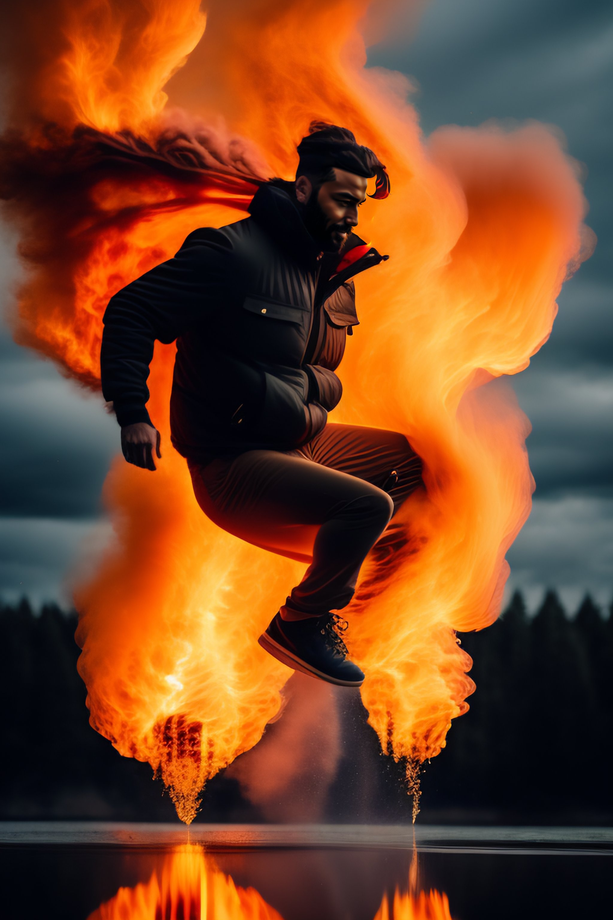 Lexica - A man jumping over a river filled with flames