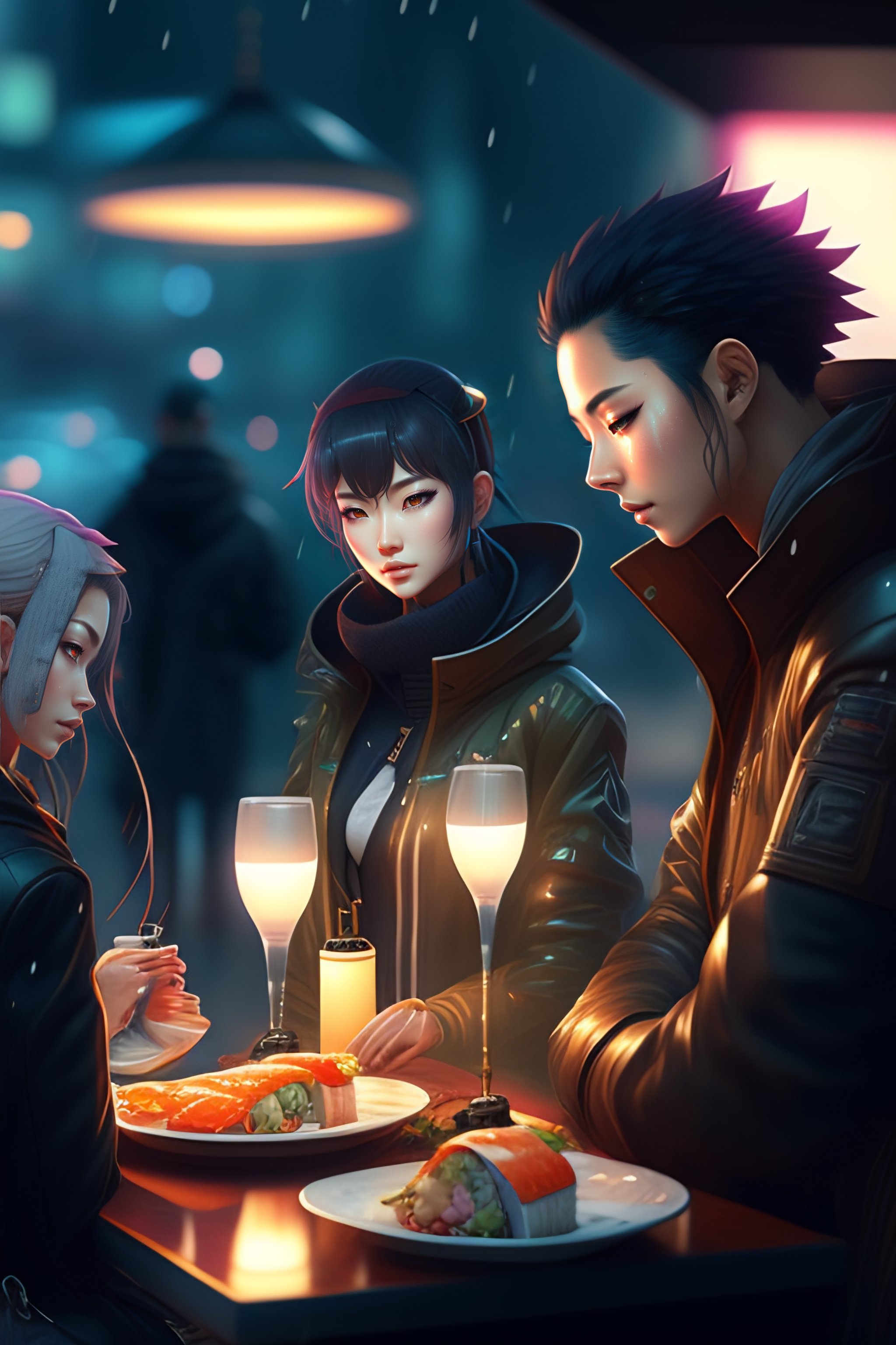 Lexica - A group of cyberpunk cyborg eating sushi on a table outside in ...