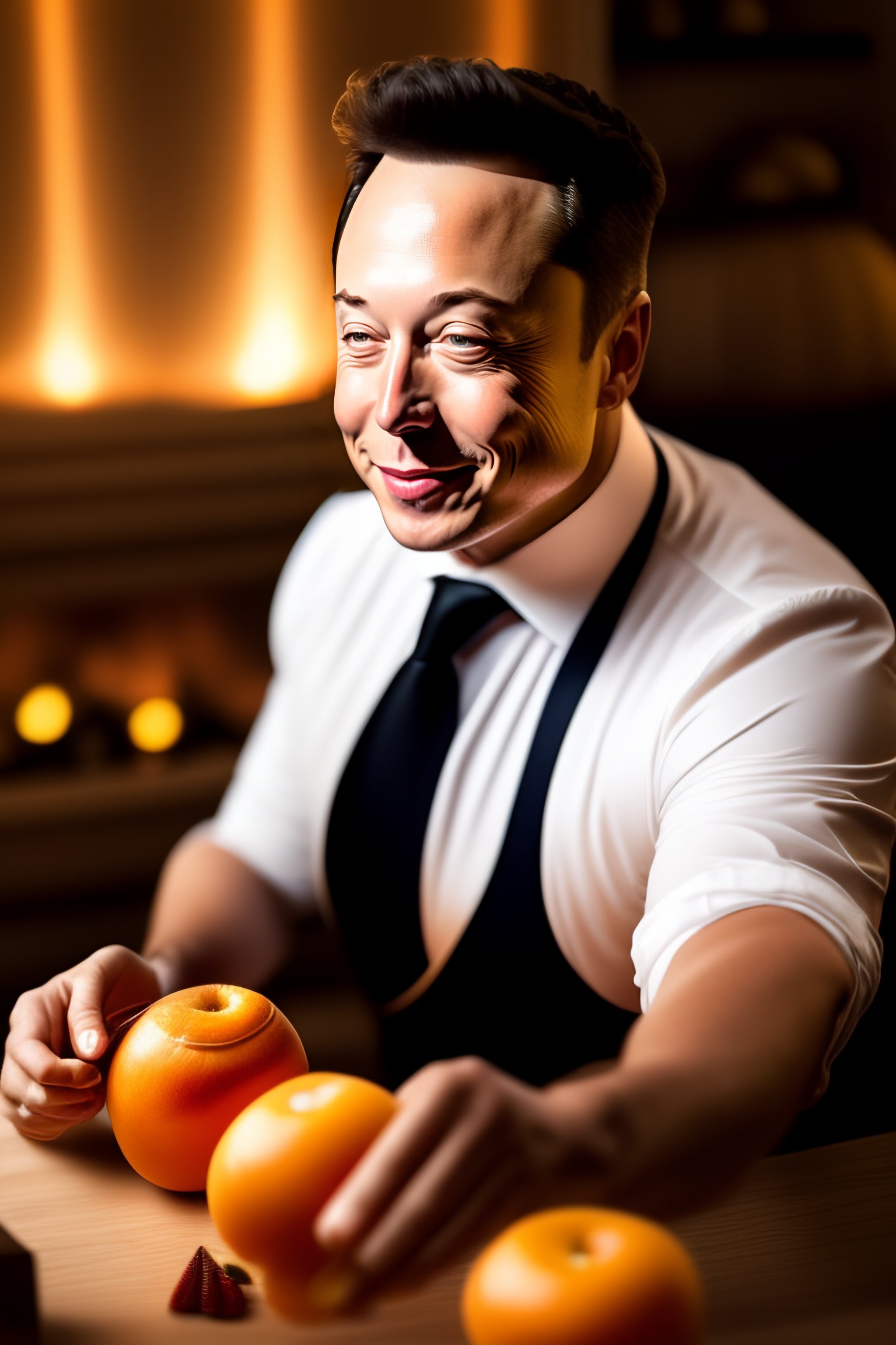Lexica - Elon Musk peels a tangerine in front of the Christmas tree