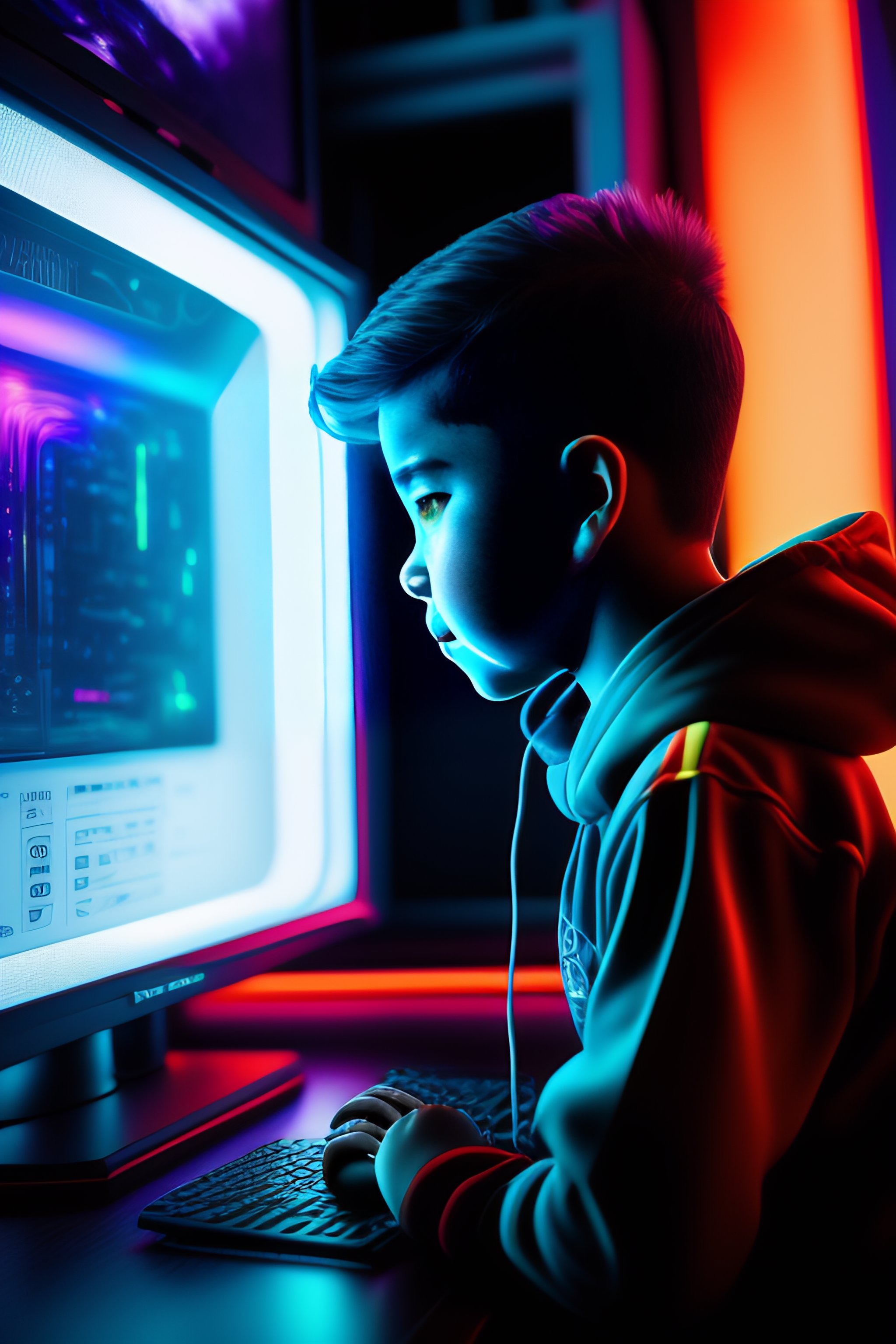 Lexica - A boy playing video games in a cold day rgb room an gaming space