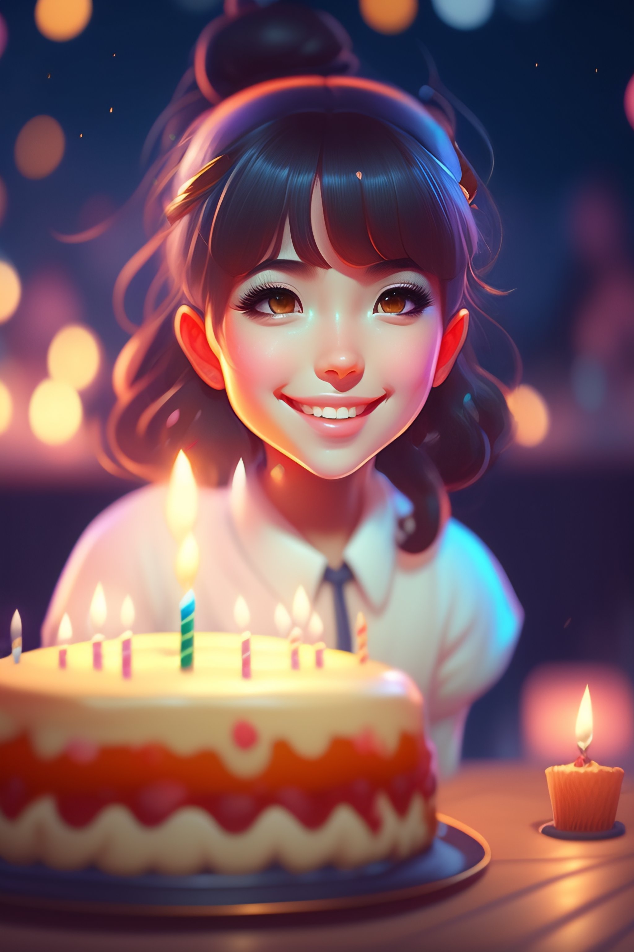 Lexica - Laughting girl eating huge birthday cake with candles ...