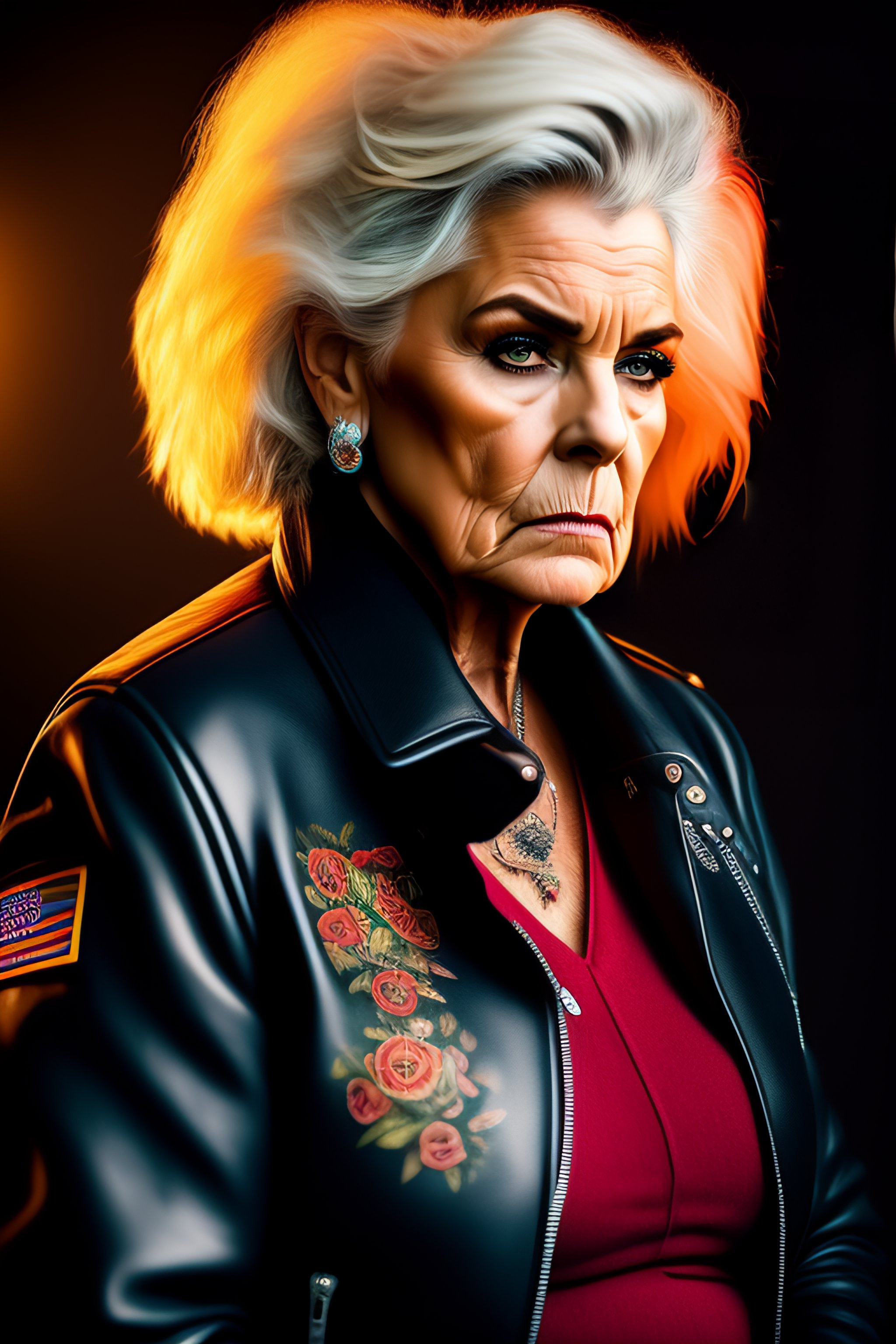 Lexica - Portrait of a grumpy mean scowl old woman biker tattoos ...