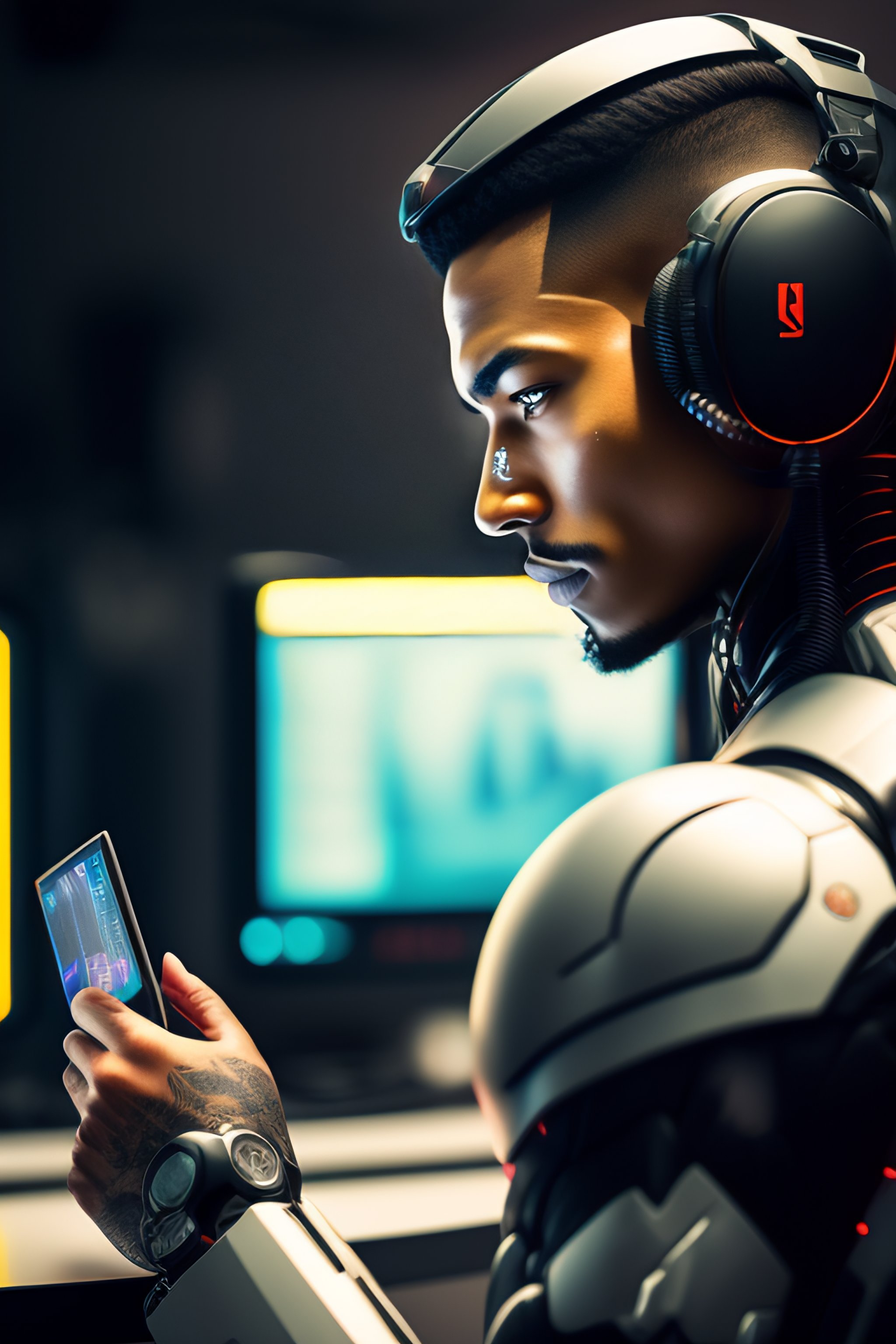 Lexica - Cyborg with computer, a character side portrait, realistic ...