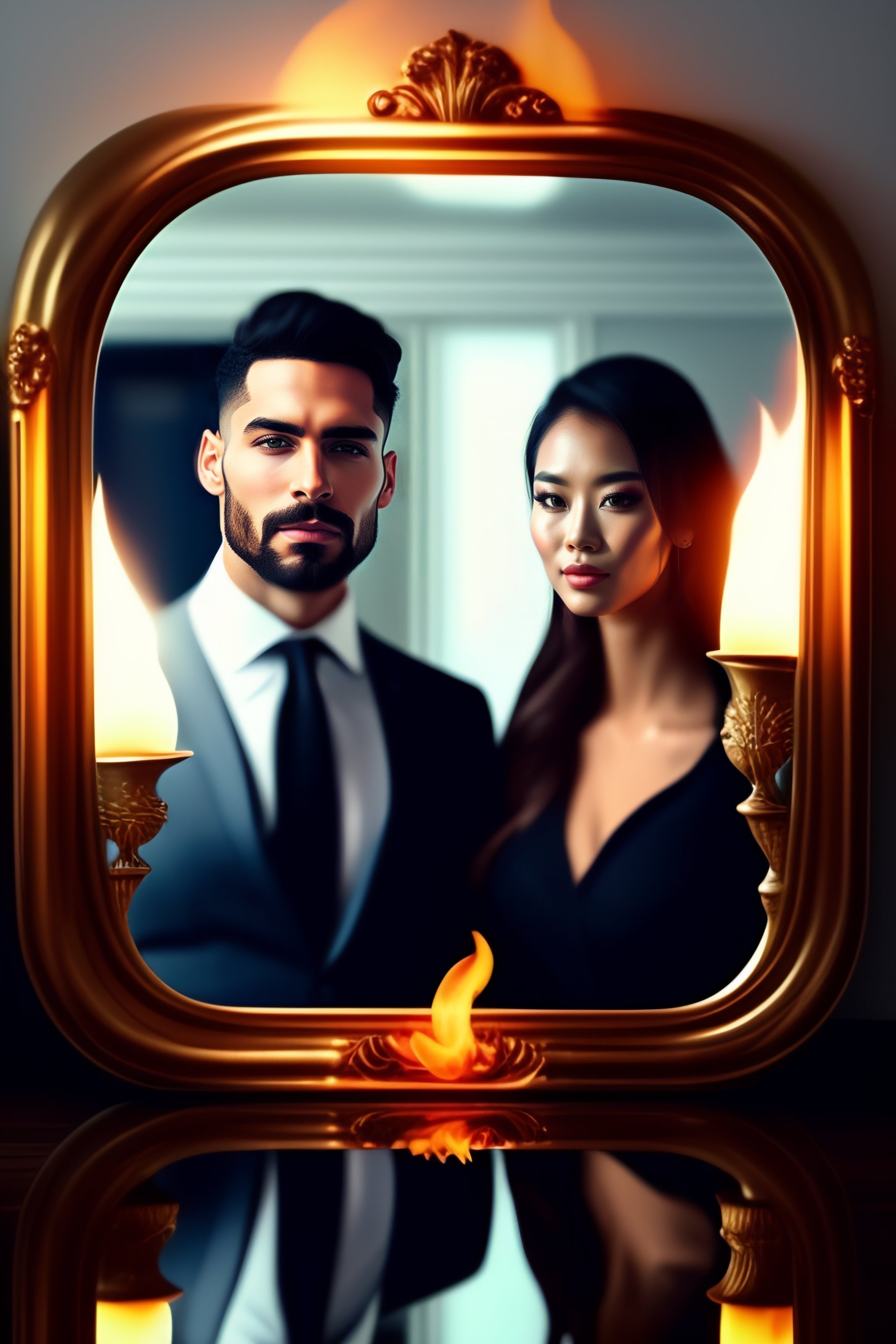 Lexica - Lovely couple mirror selfie modern nature flames