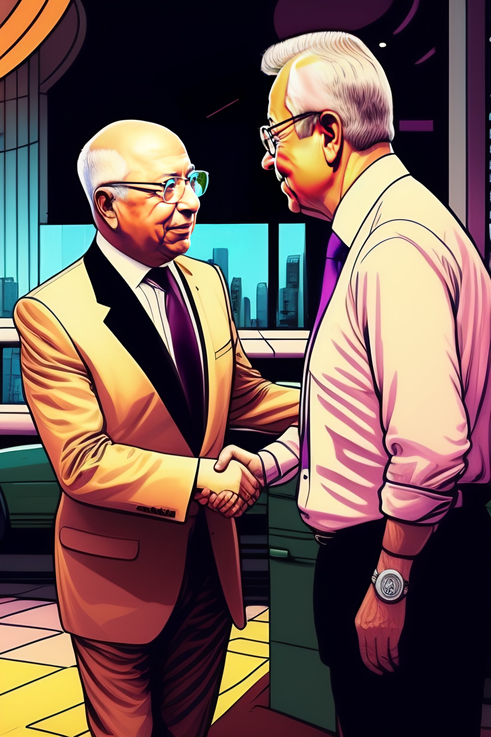 Lexica - Modern comic of Klaus Schwab and old Henry Kissinger shaking hands
