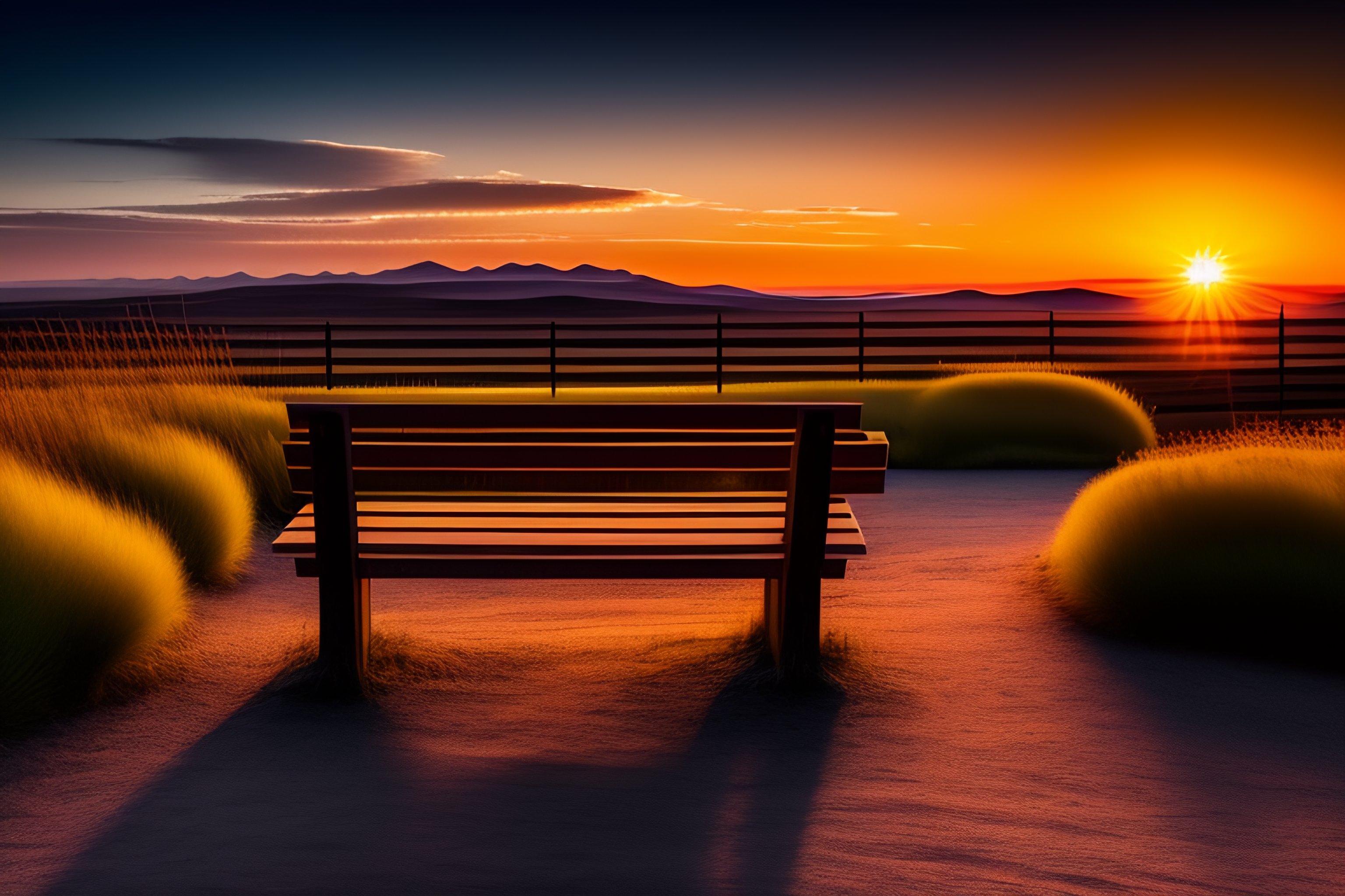 Lexica - Peaceful bench a beautiful landscape in front of it at sunset ...
