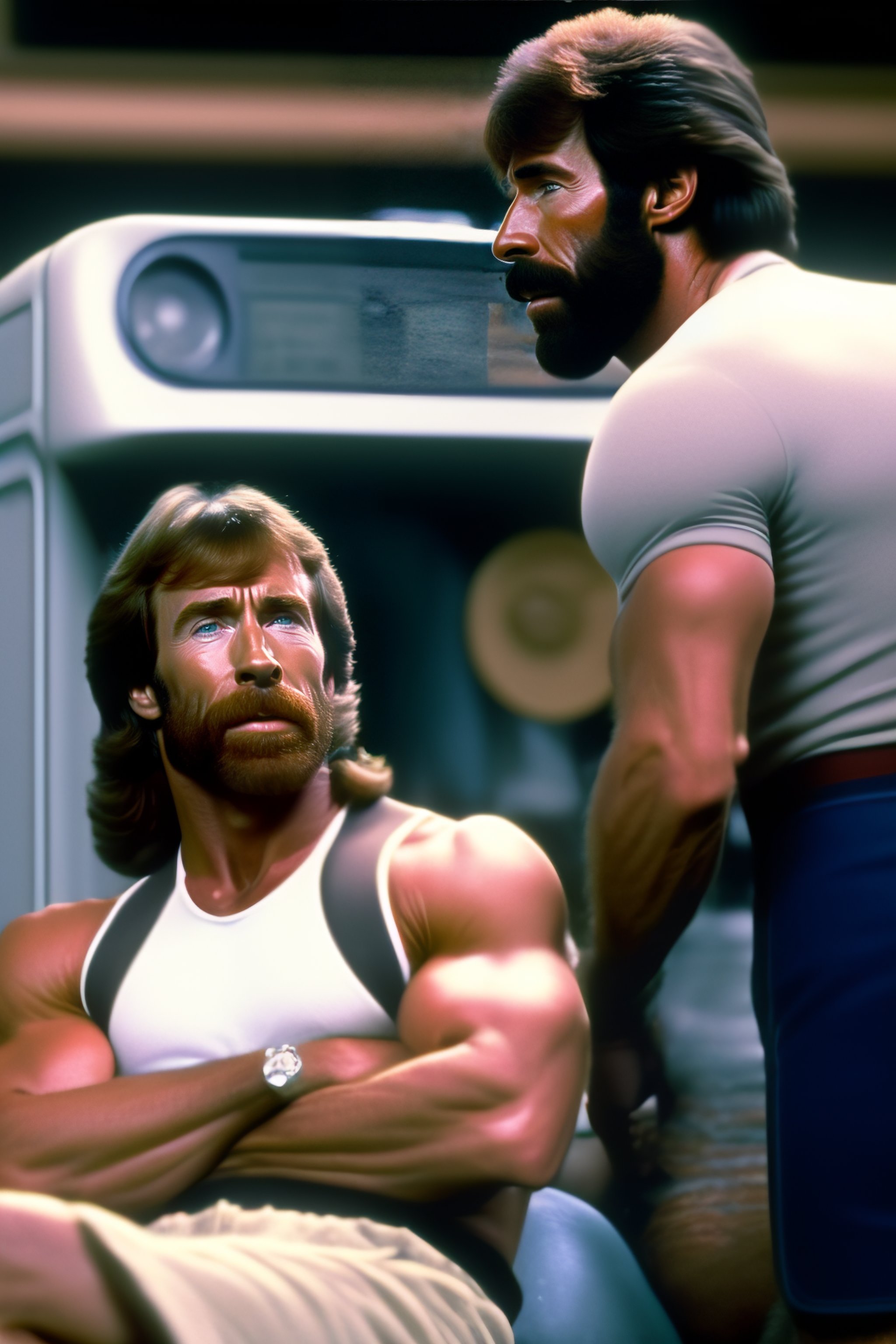 Lexica - Chuck norris is sitting on a bench in a washing salon in 1981 ...