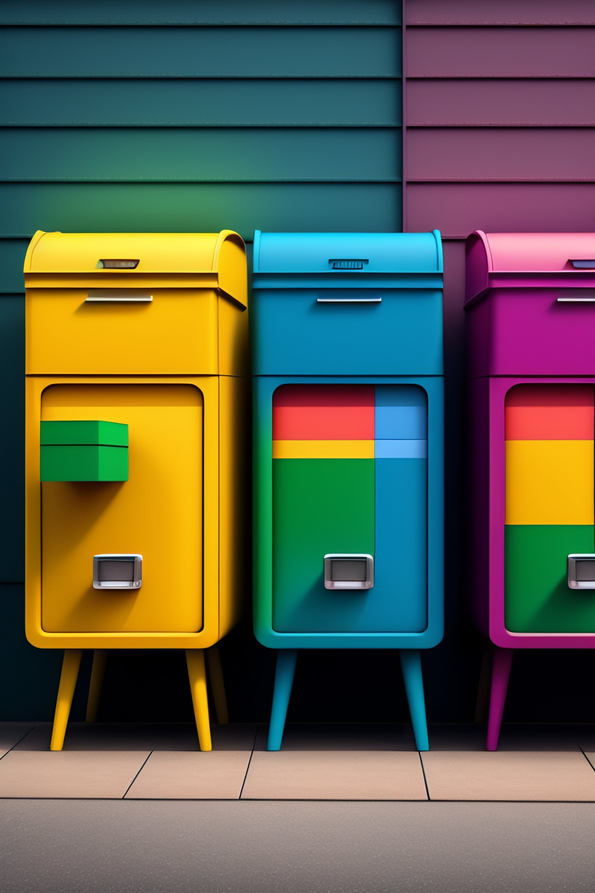Lexica - 3 colourful anthropomorphic bank boxes waiting to be opened by ...