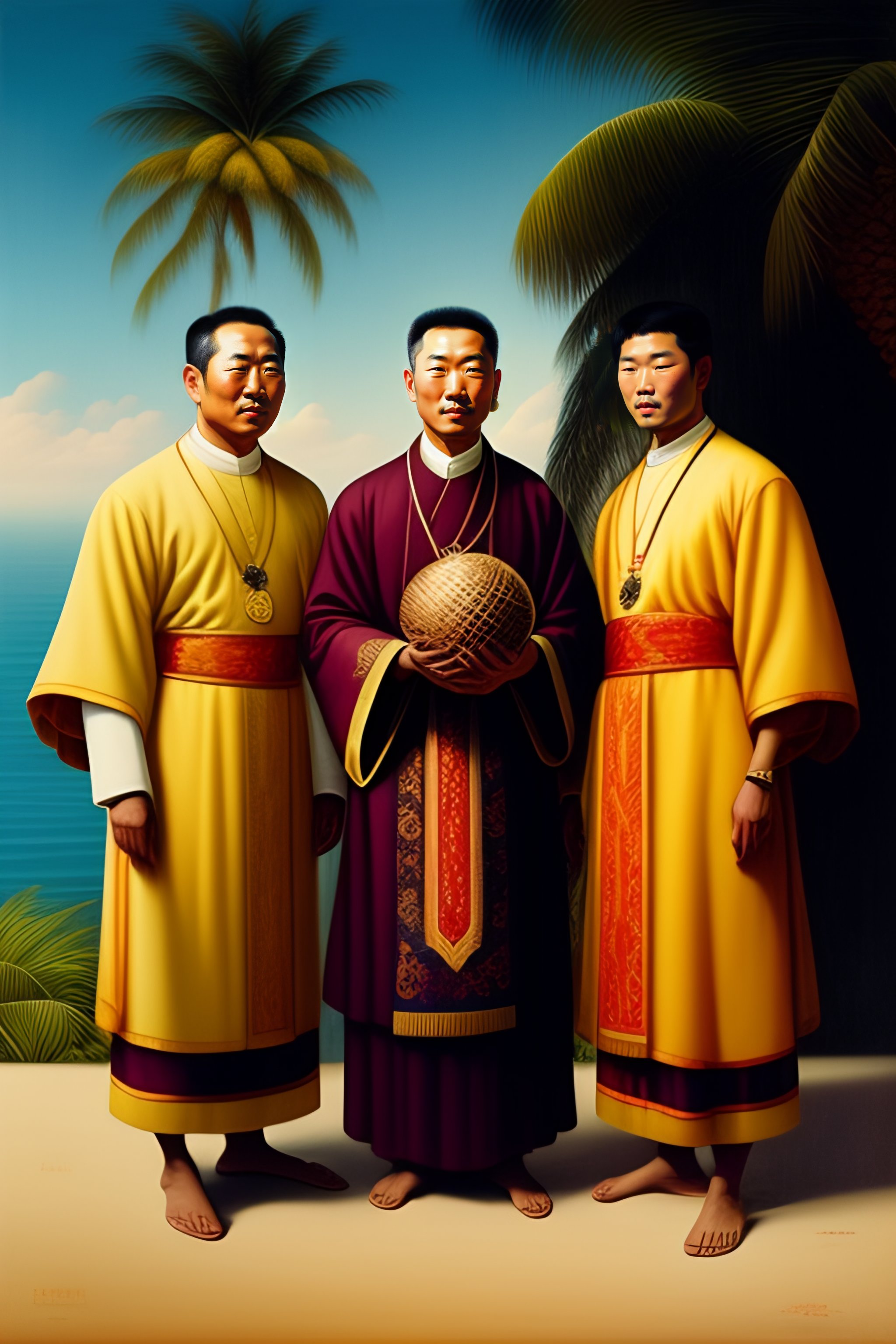 Lexica - Portrait of a group of Asian priests with a coconut in front ...