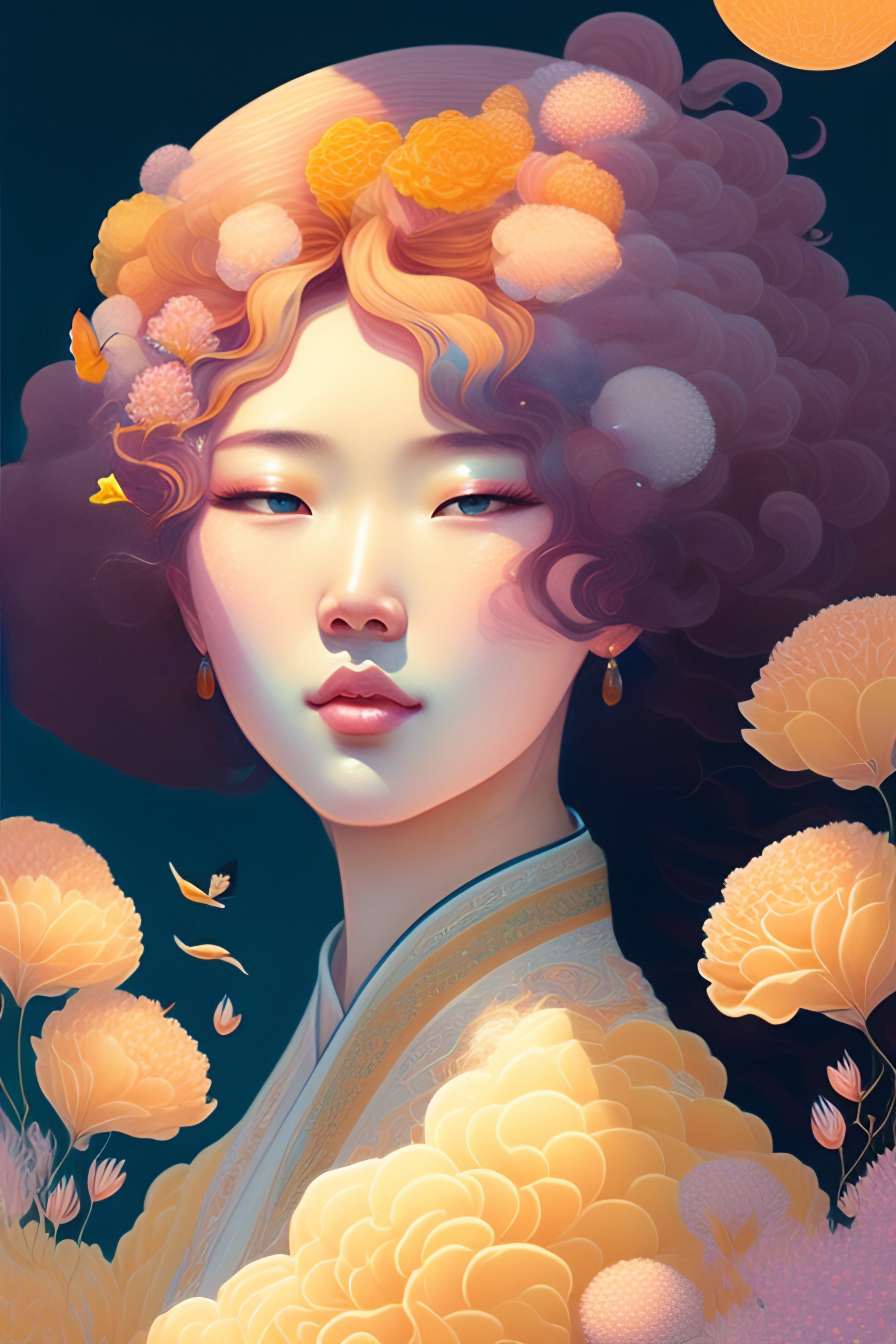 Lexica - Beautiful cute front portrait Korean ninfa, big long curly ...