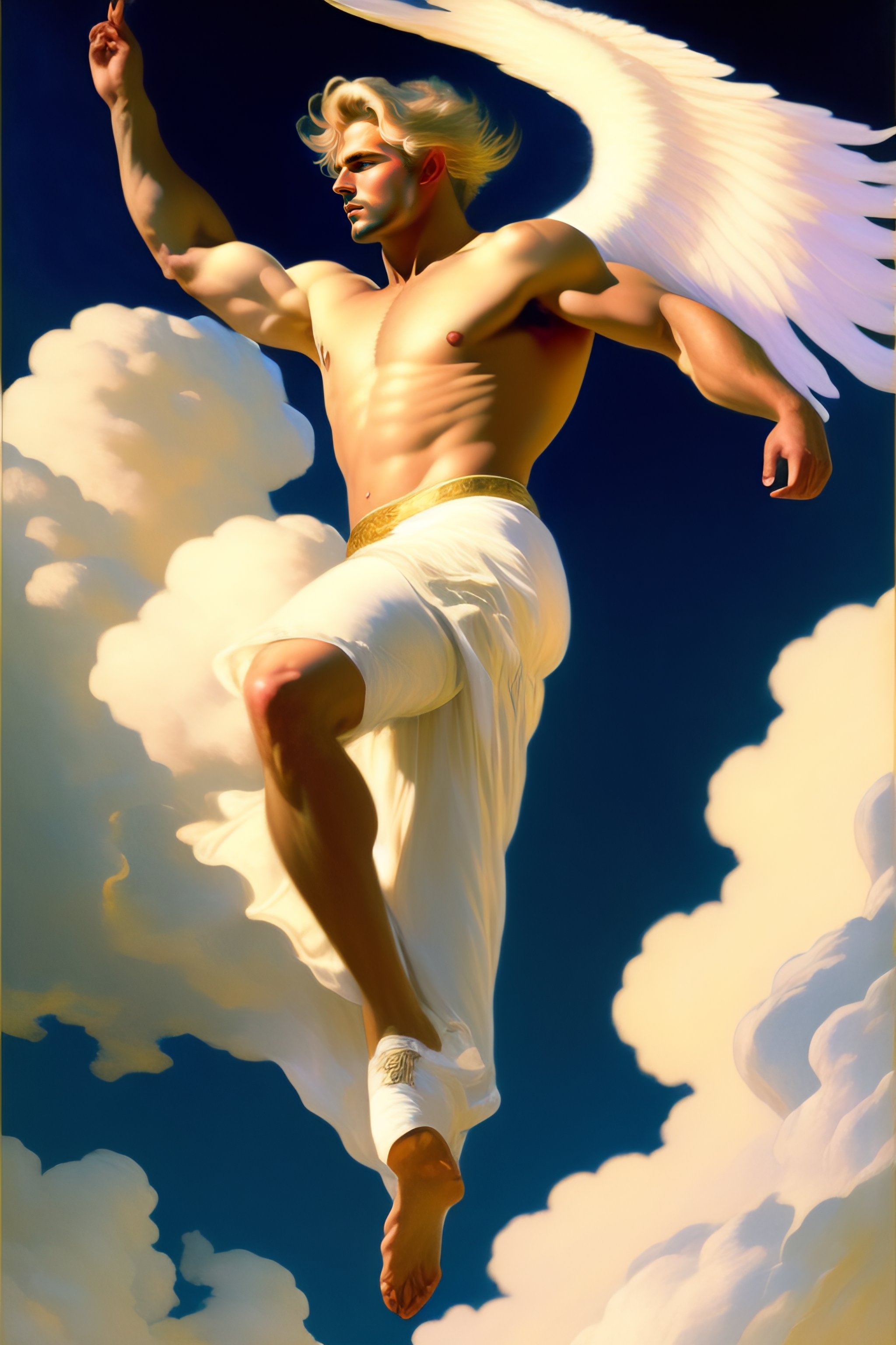 Lexica - A male Angel flying and dancing among the clouds, blond hair ...