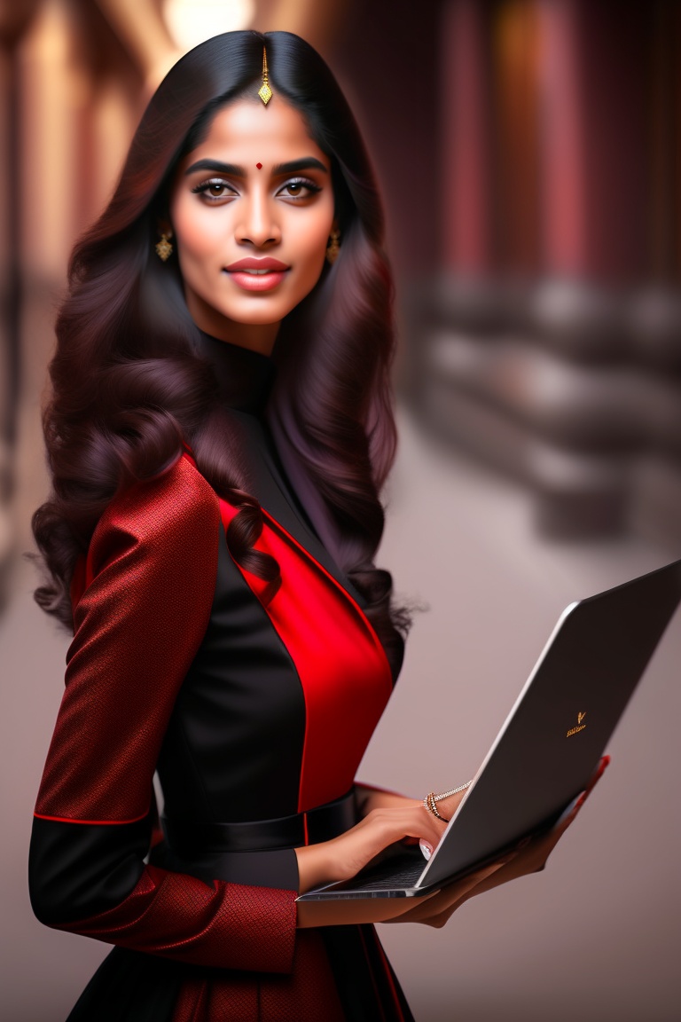 Lexica - Indian girl wearing black or red dress with a Laptop , hassleblad camera shot, 4k