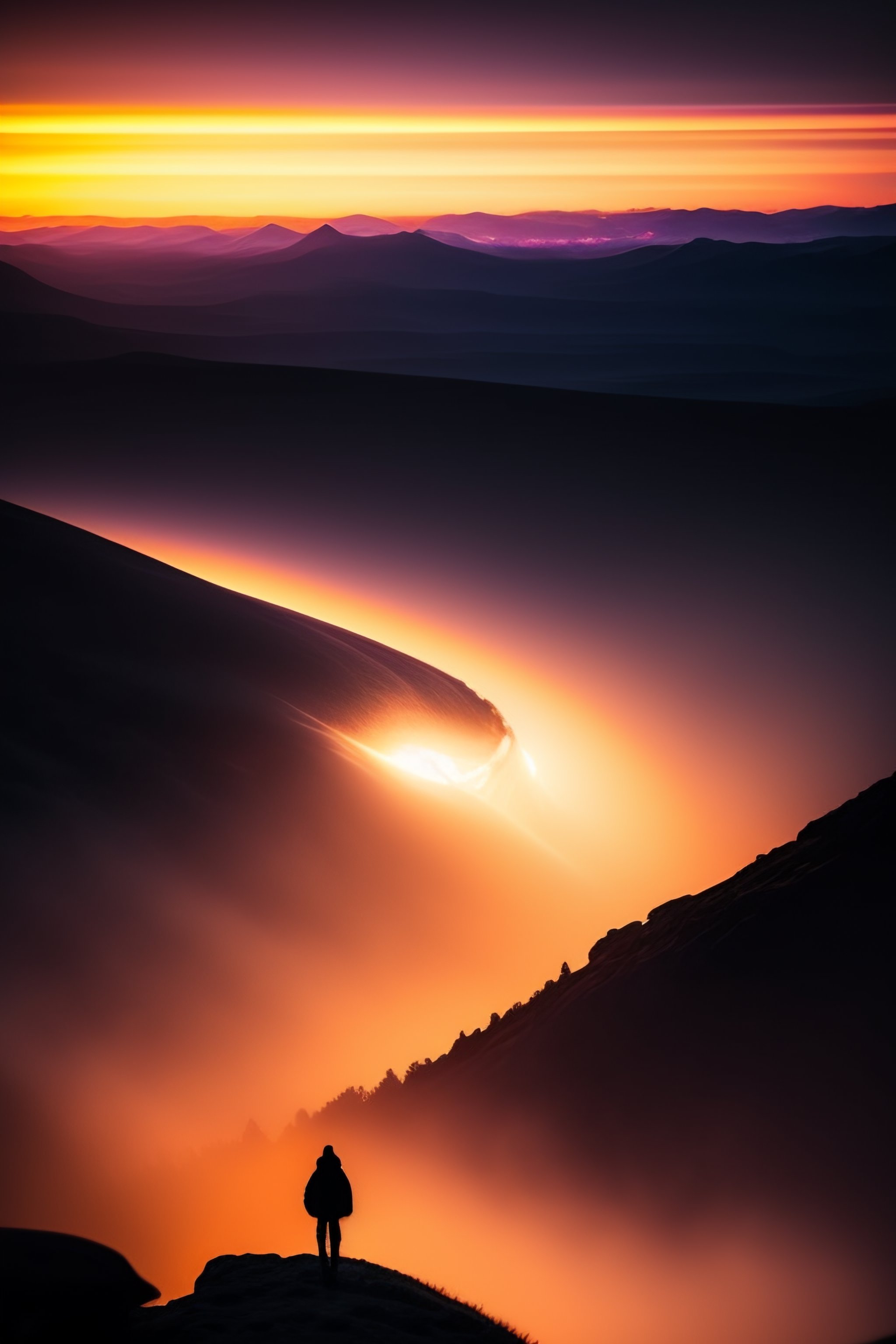 Lexica - A photo of a lone figure standing on a mountaintop, surrounded ...