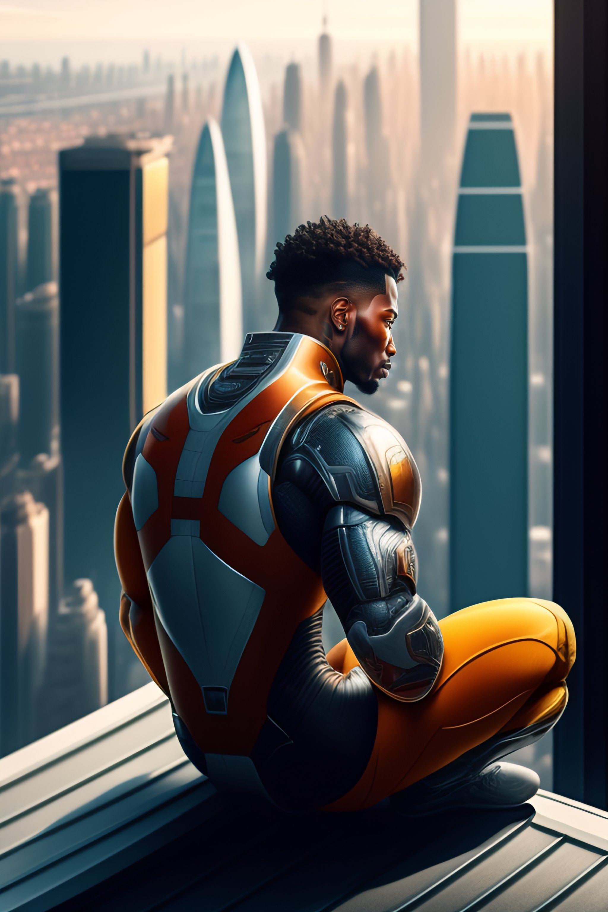 Lexica - Cyborg sitting on a roof looking down at a city below ...