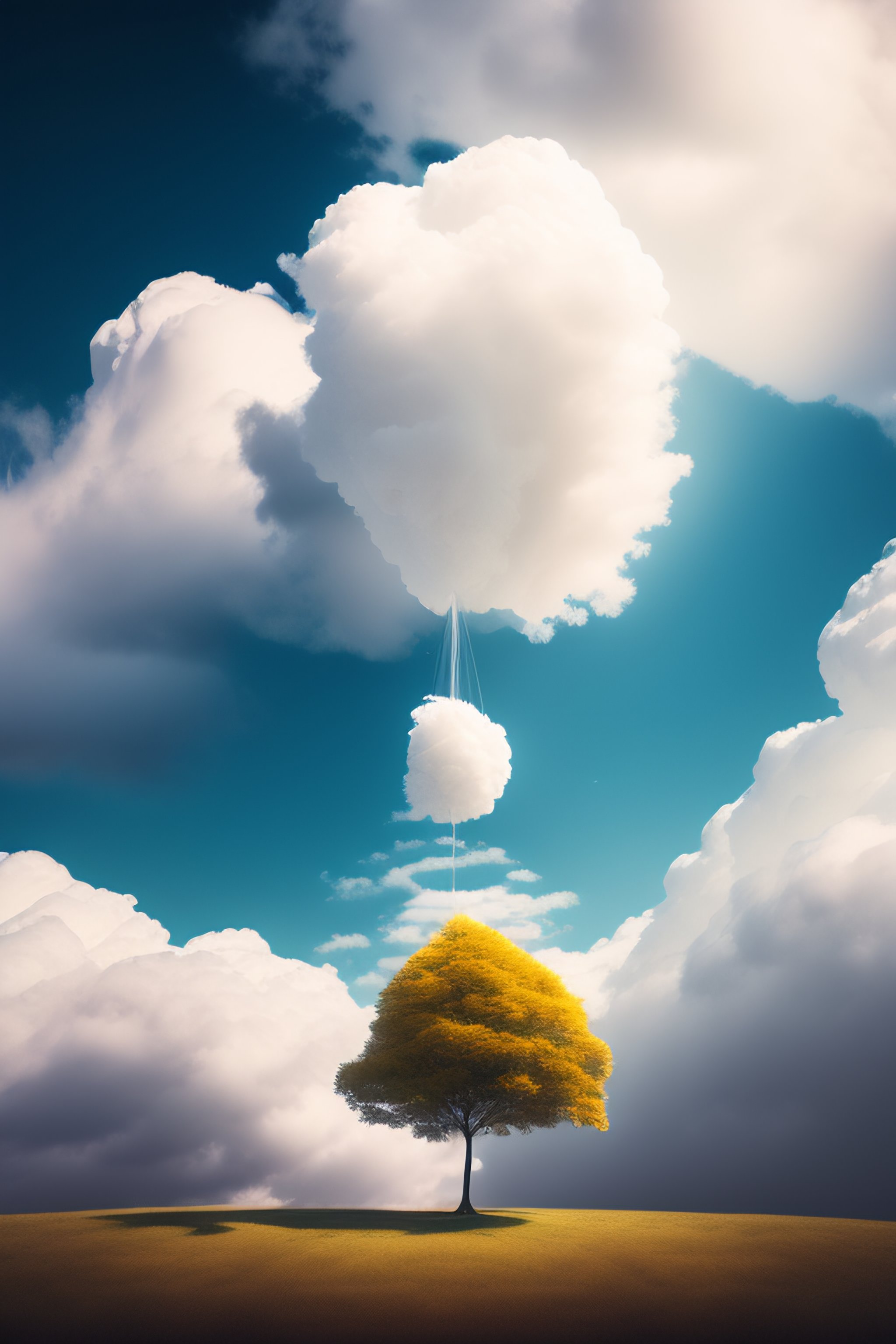 Lexica - A levitating tree with fluffy clouds, white windy strings and ...